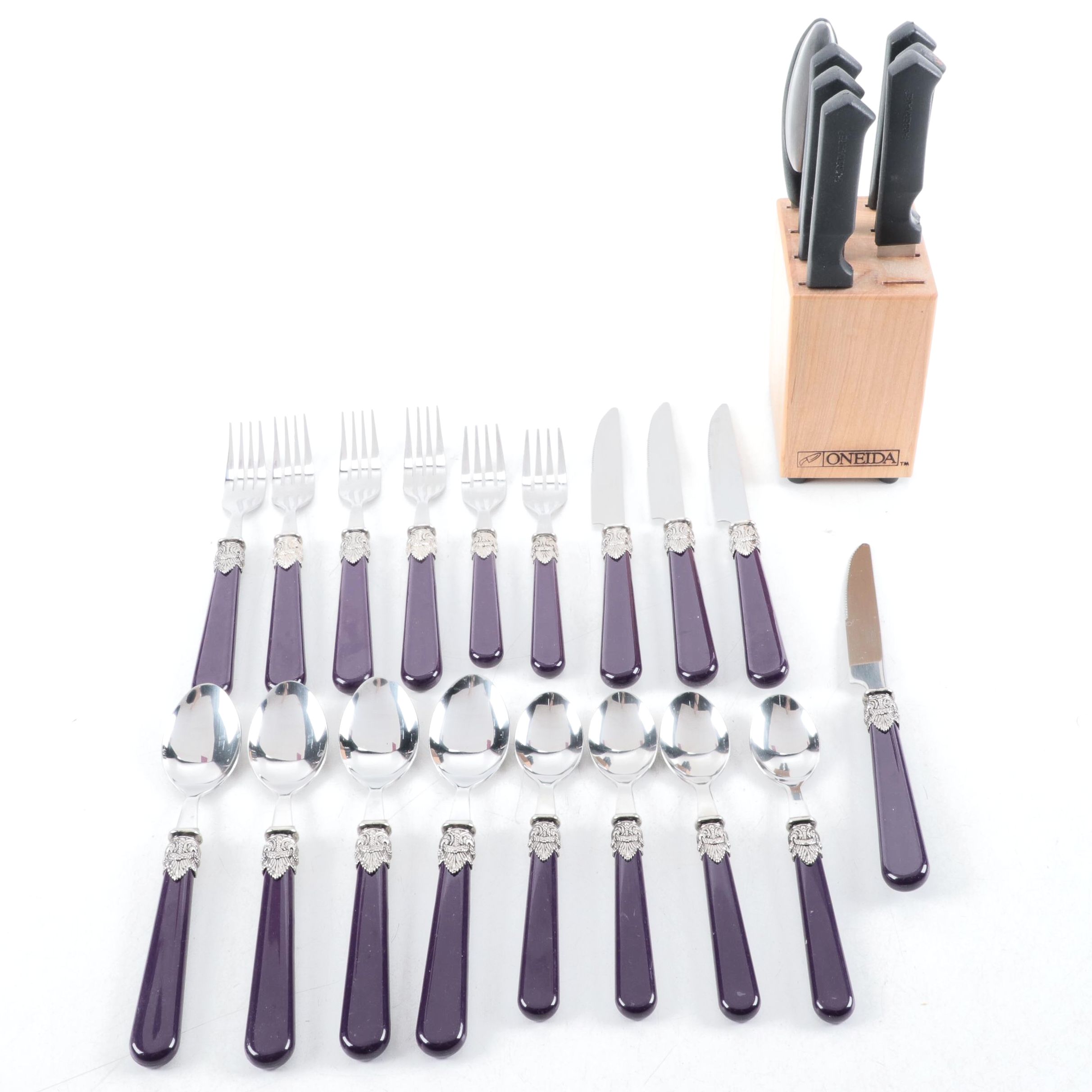 Oneida Kitchen Cutlery Block with Farberware Knives and Other Flatware ...