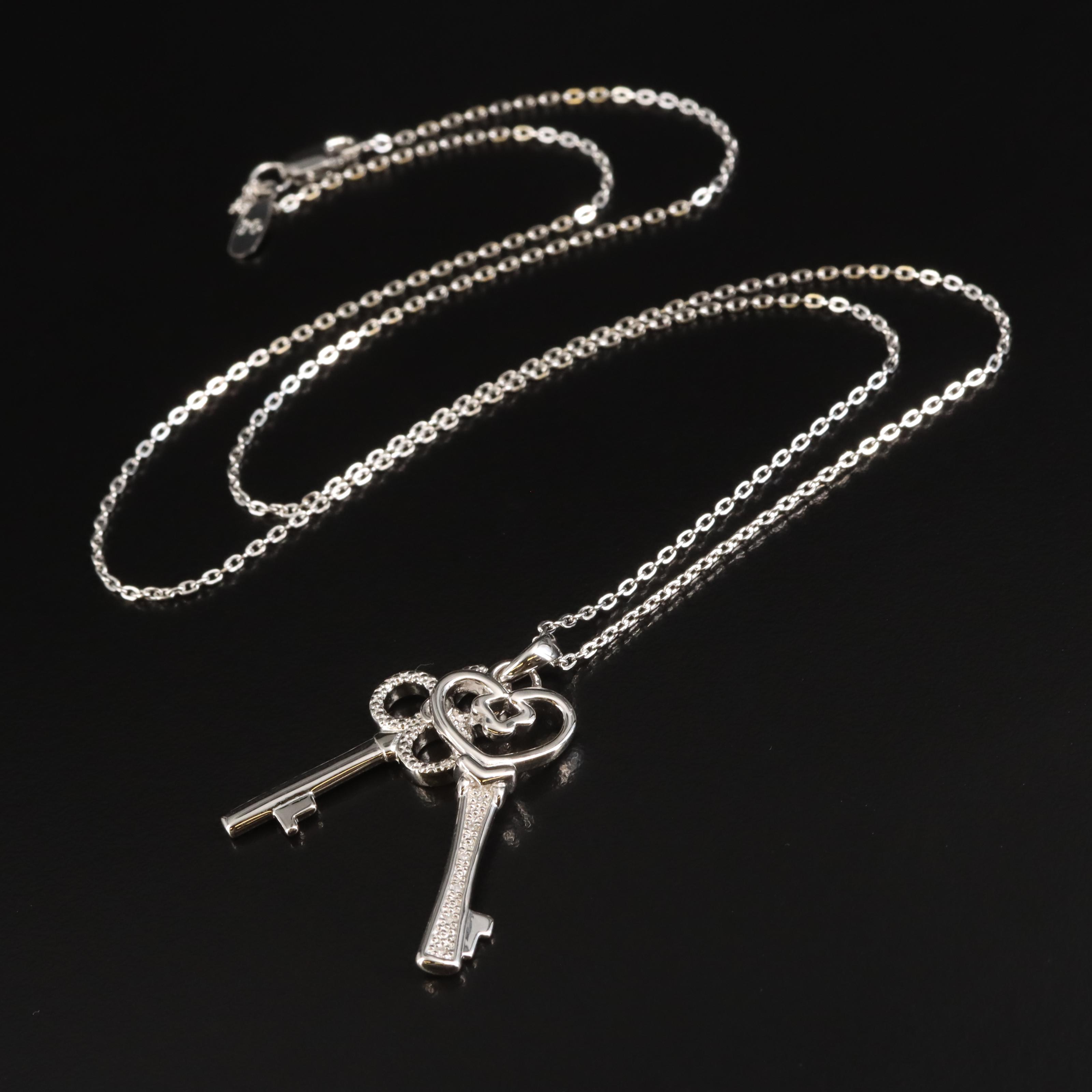 Sterling Diamond Double Skeleton Key Pendant Necklace | EBTH
