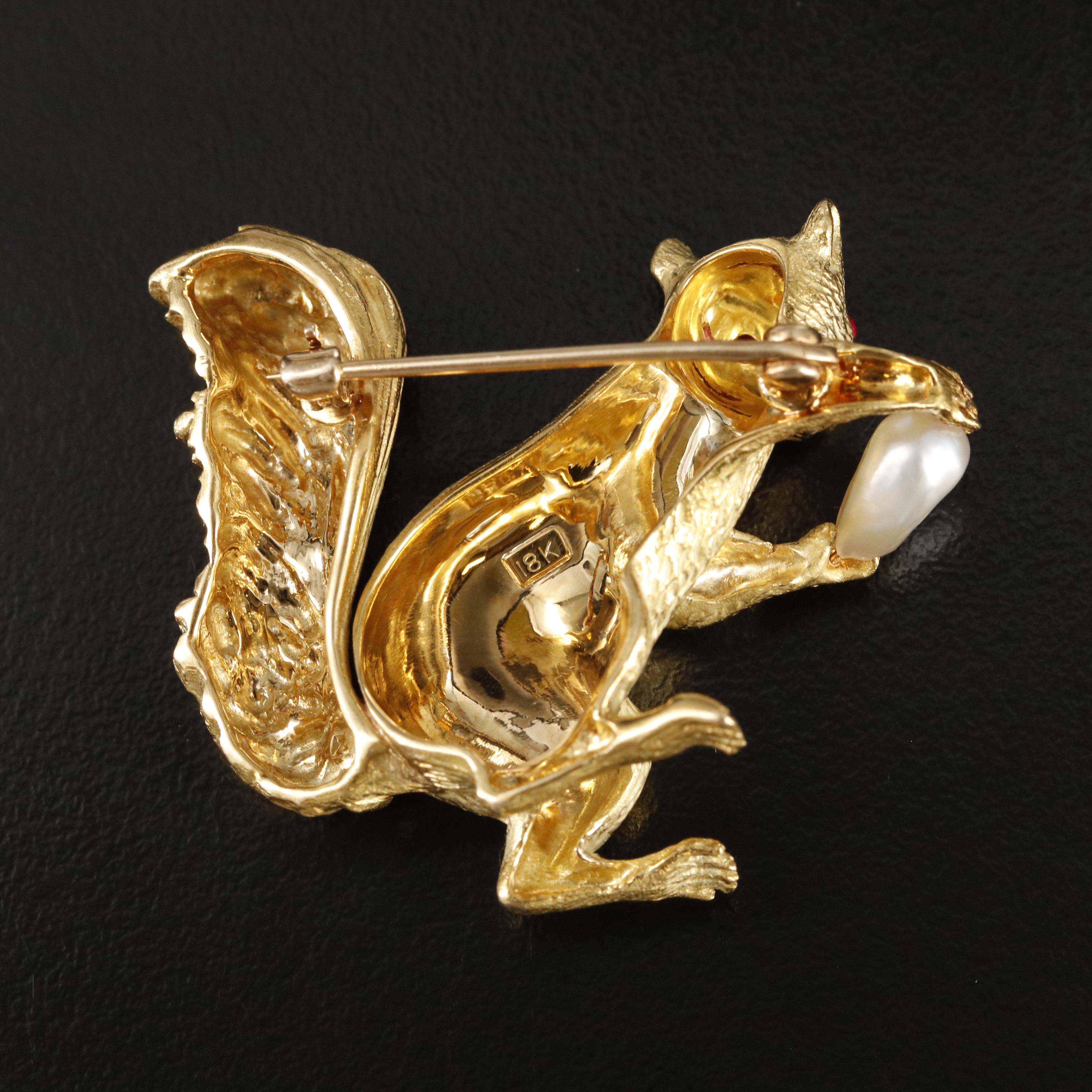 18K Pearl and Ruby Squirrel Brooch | EBTH