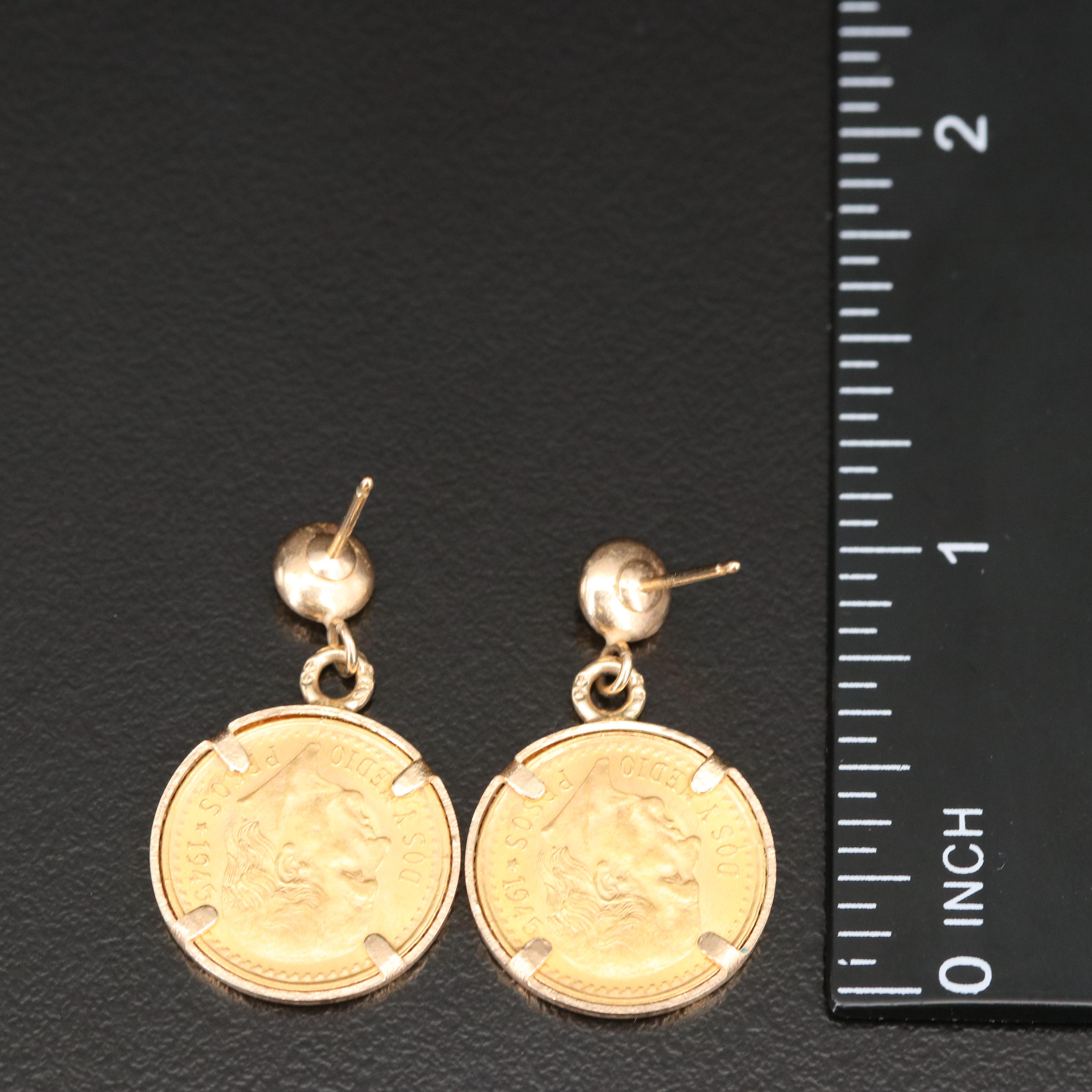 14K Pendant Earrings with 1945 Mexican Dos Y Medio Pesos Gold Coins | EBTH