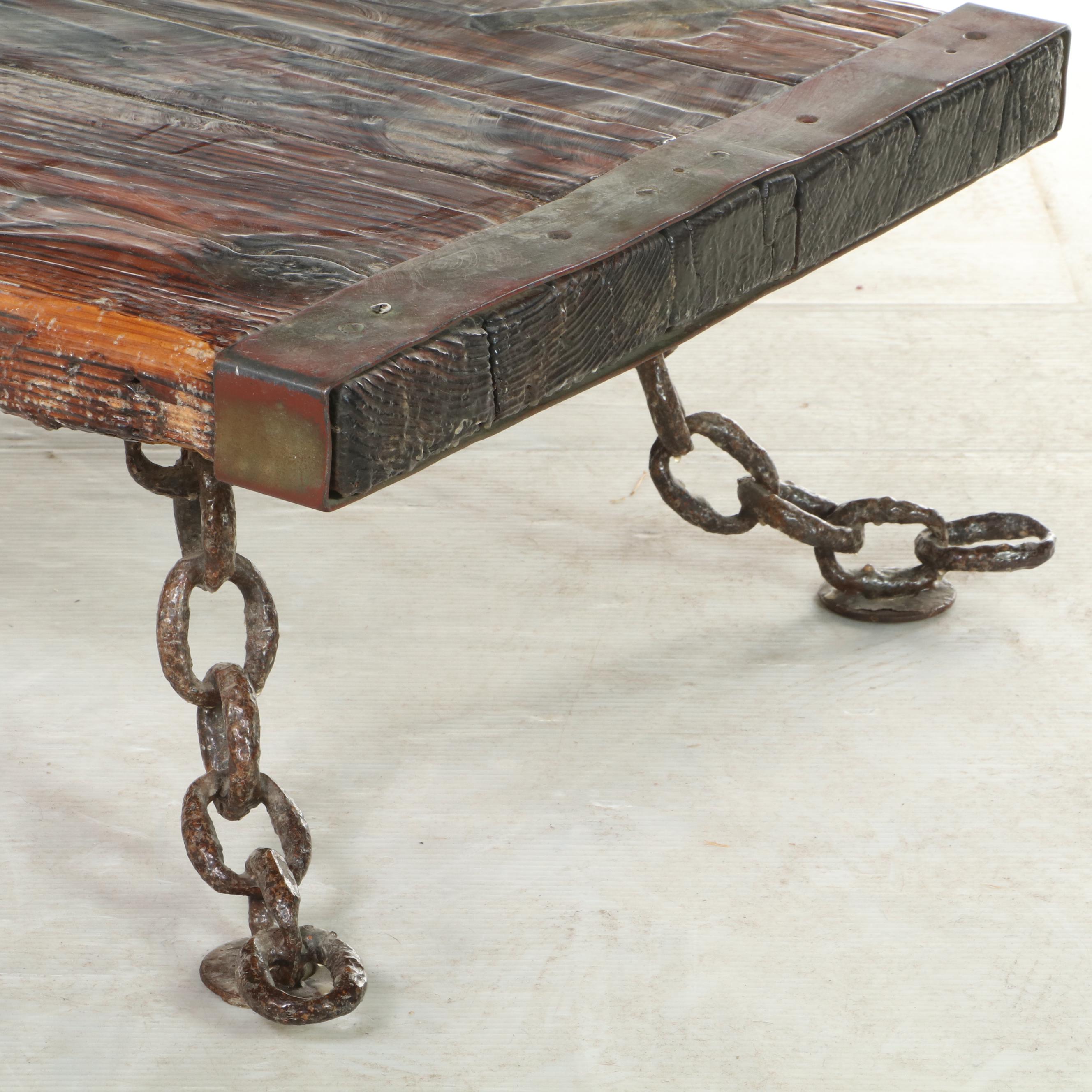 Resin-Coated Distressed Pine Plank Coffee Table on Chain Legs | EBTH