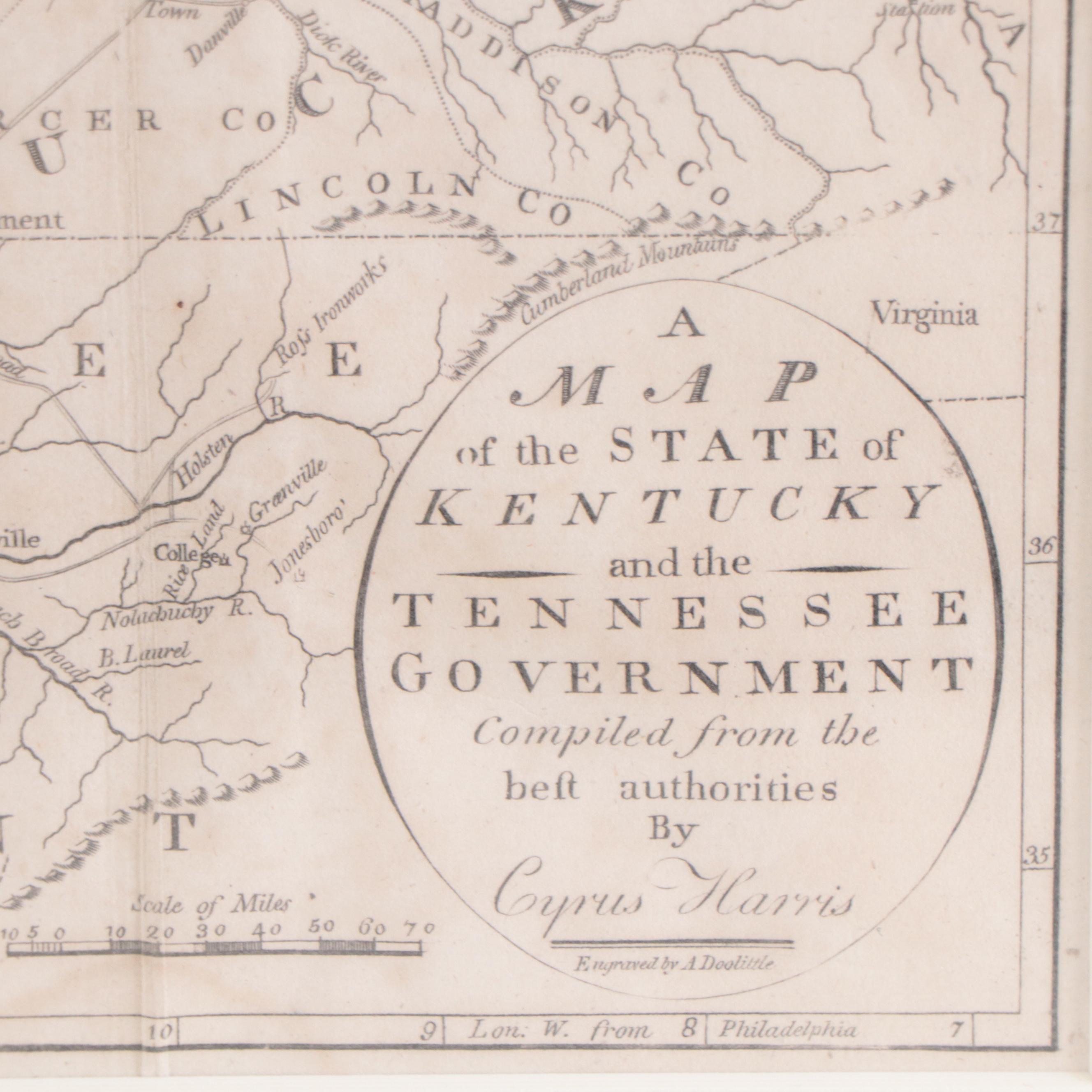 Jedidiah Morse Engraving Map of Kentucky and Tennessee, 1796 | EBTH