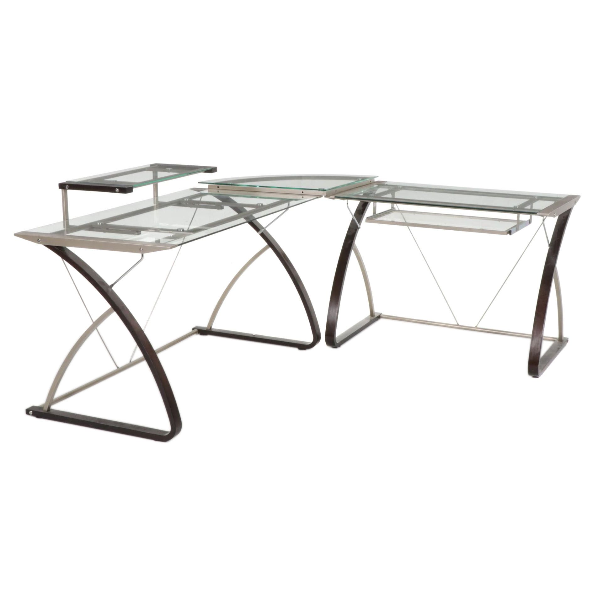 Modernist Style Three-Piece L-Shaped Glass and Metal Office Desk | EBTH