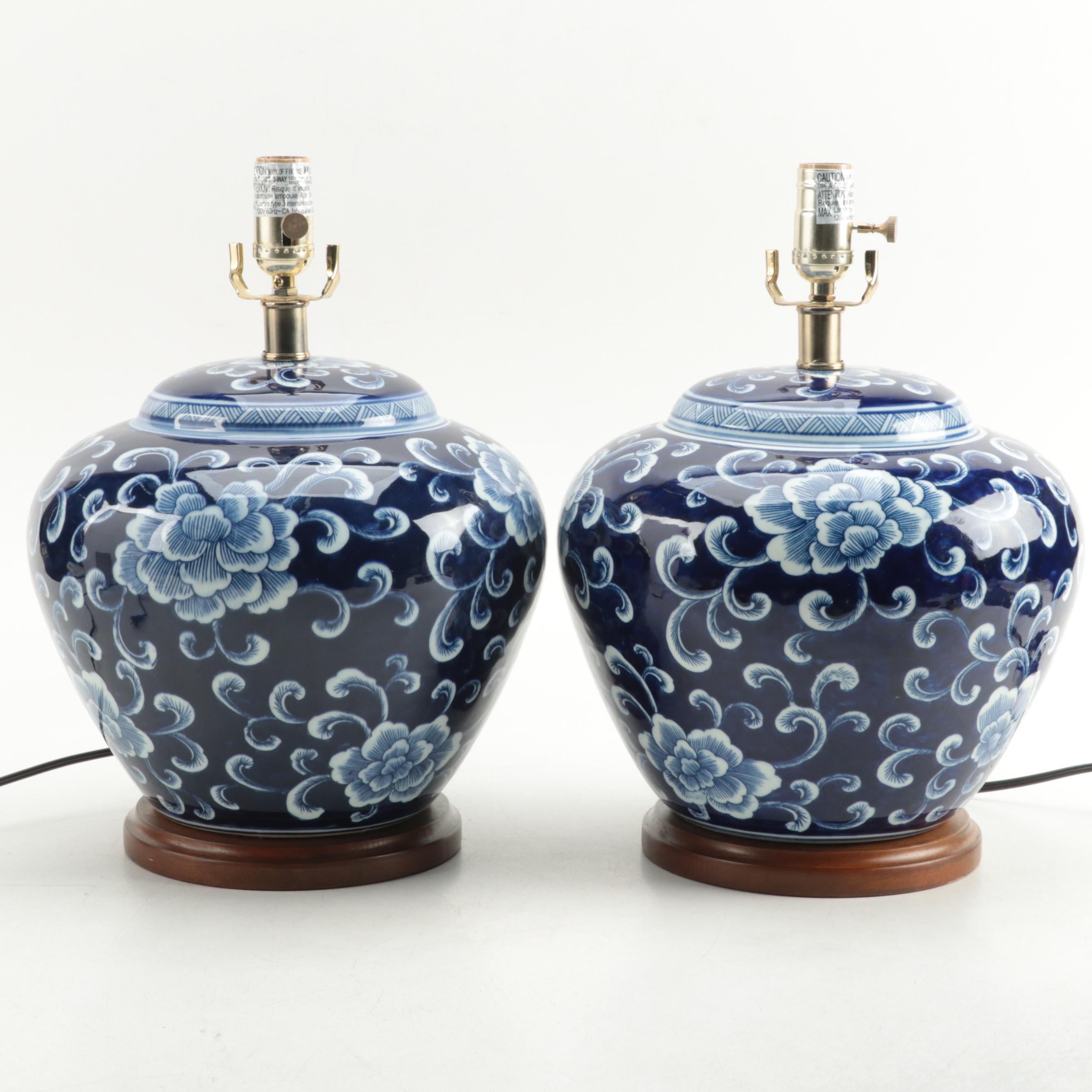 Pair of Ralph Lauren Blue and White Peony Floral Porcelain Table Lamps ...