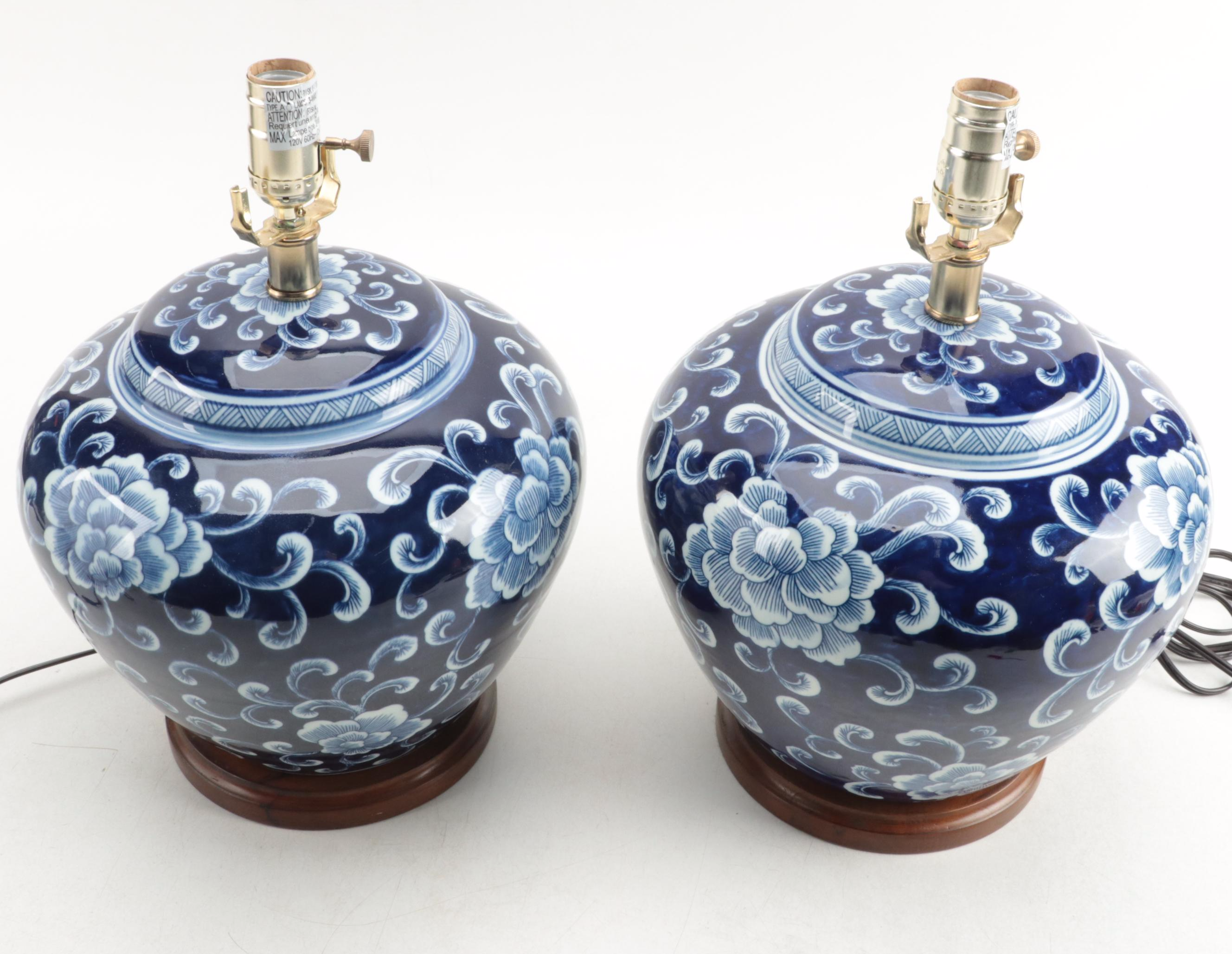 Pair of Ralph Lauren Blue and White Peony Floral Porcelain Table Lamps ...