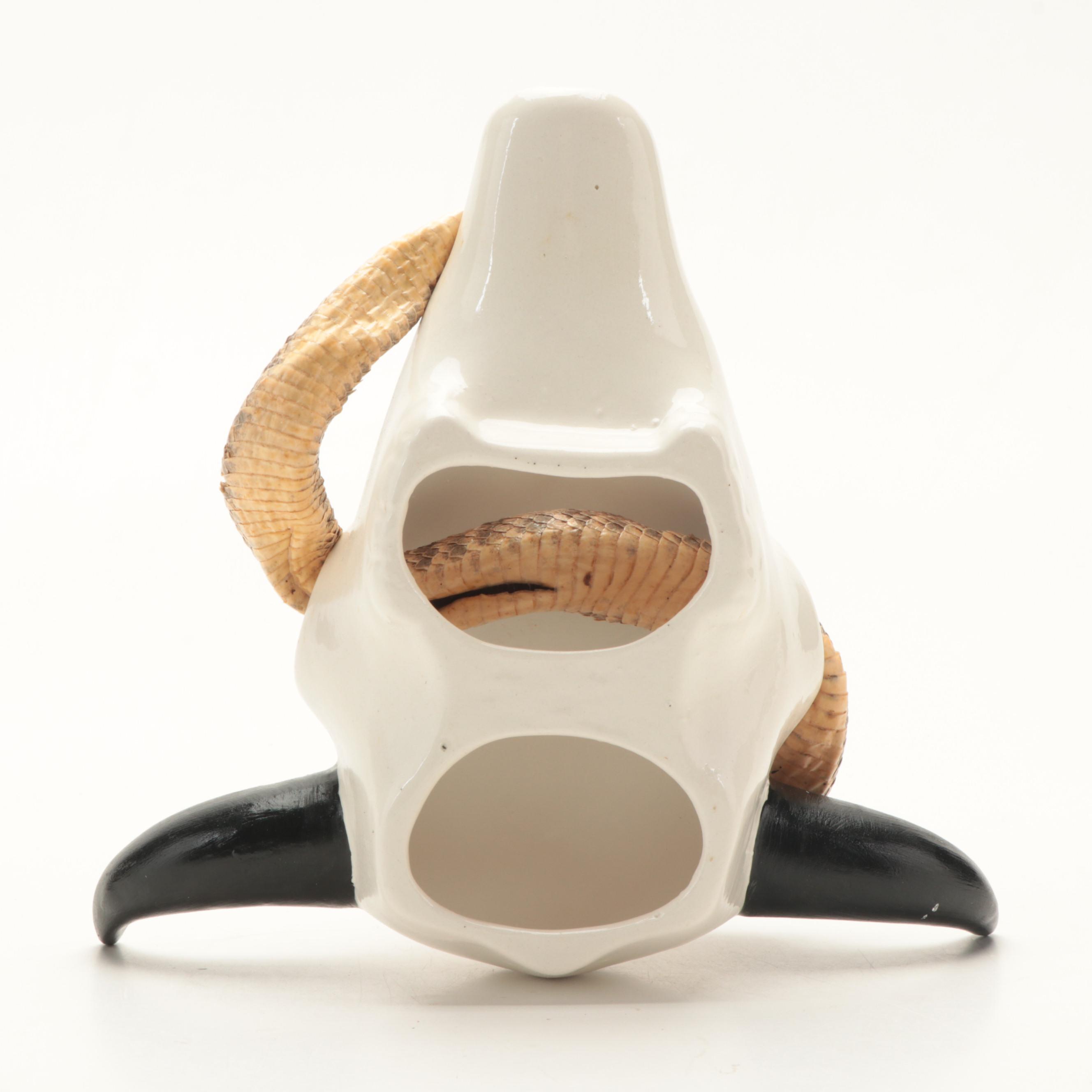 Western Diamondback Rattlesnake Full Body Mount in Ceramic Cow Skull | EBTH