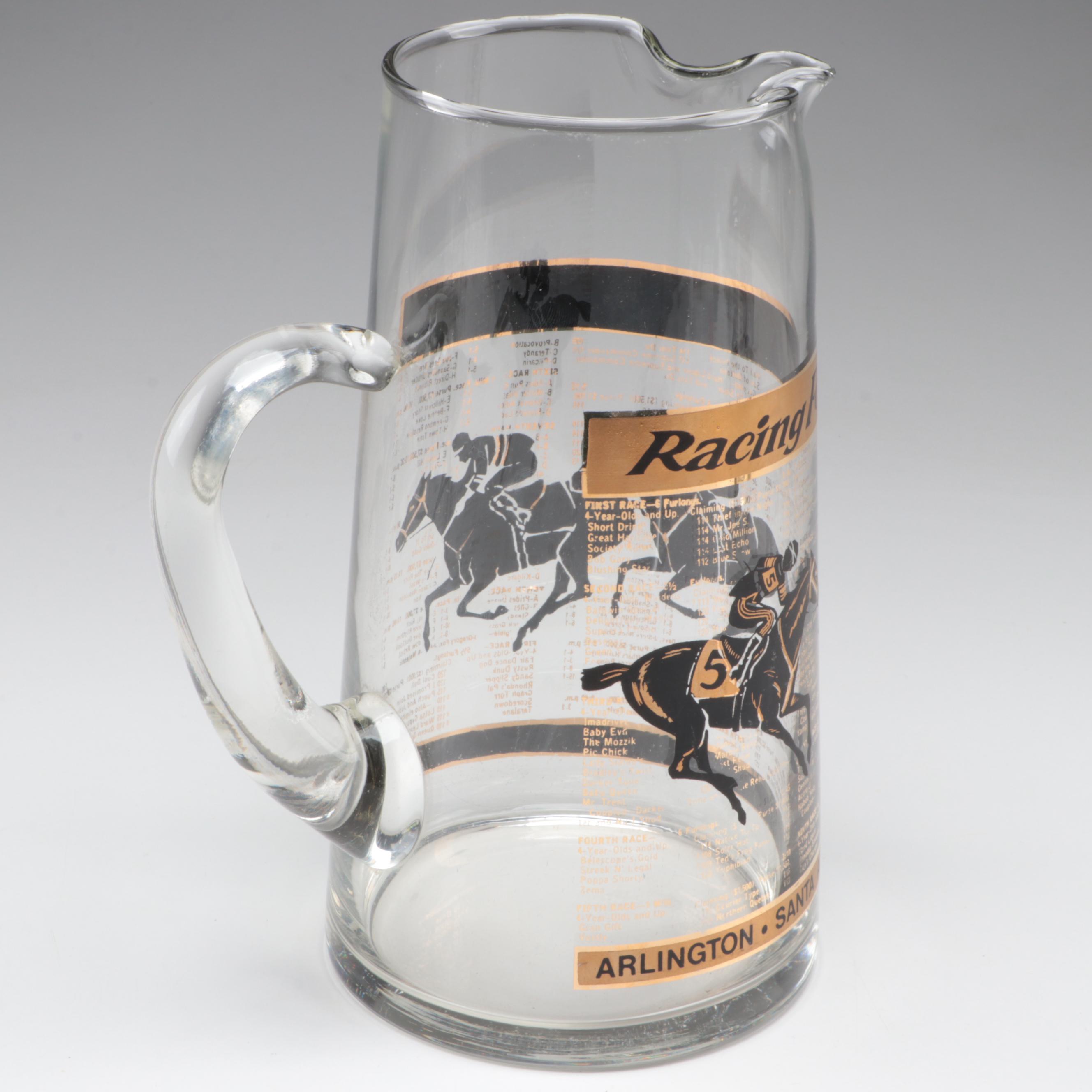 Culver "Racing Form" Horse Racing Glass Pitcher and Tankards, Mid-20th ...