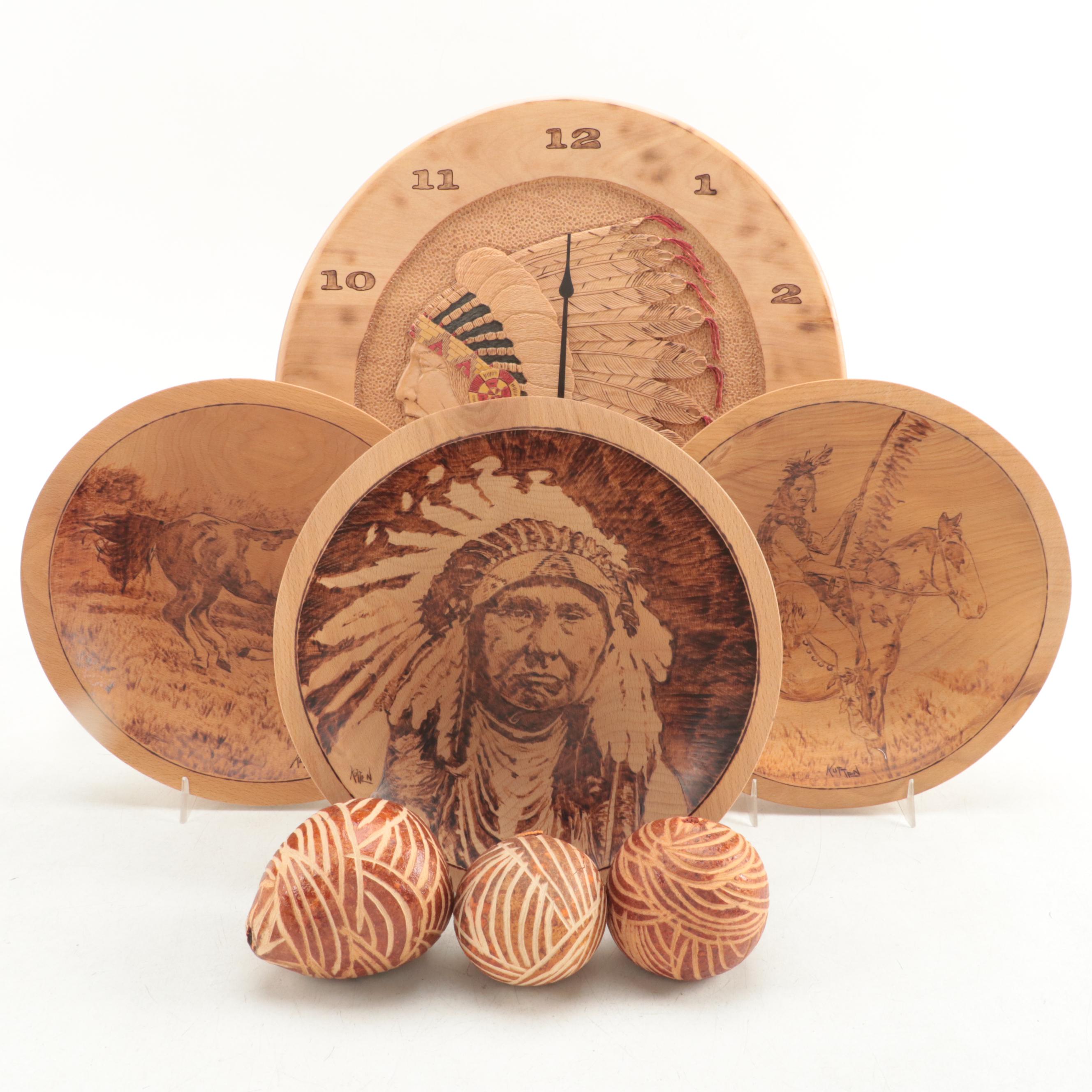 Pyrography Wooden Clock and Bowls with Other Carved Wood Décor | EBTH