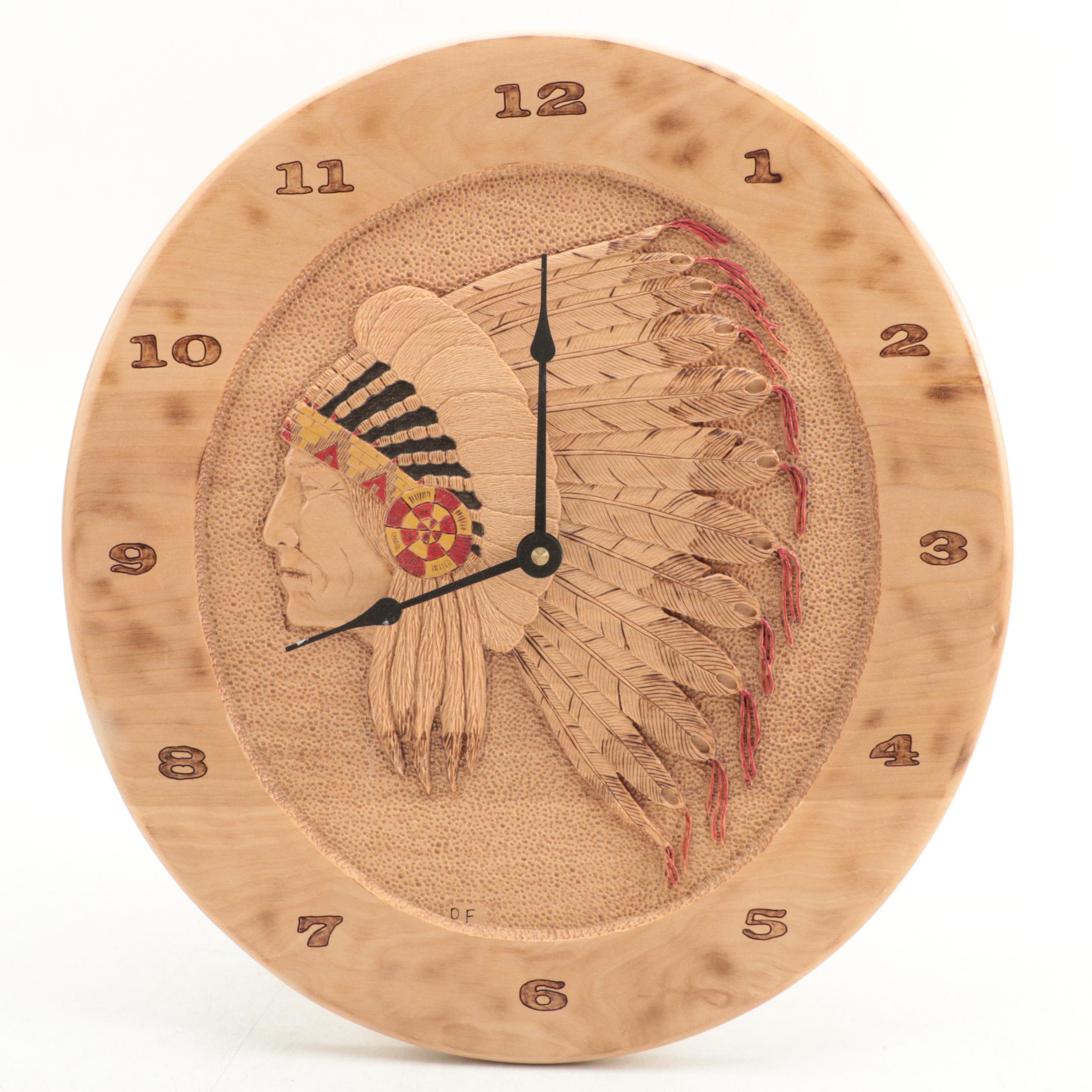 Pyrography Wooden Clock and Bowls with Other Carved Wood Décor | EBTH