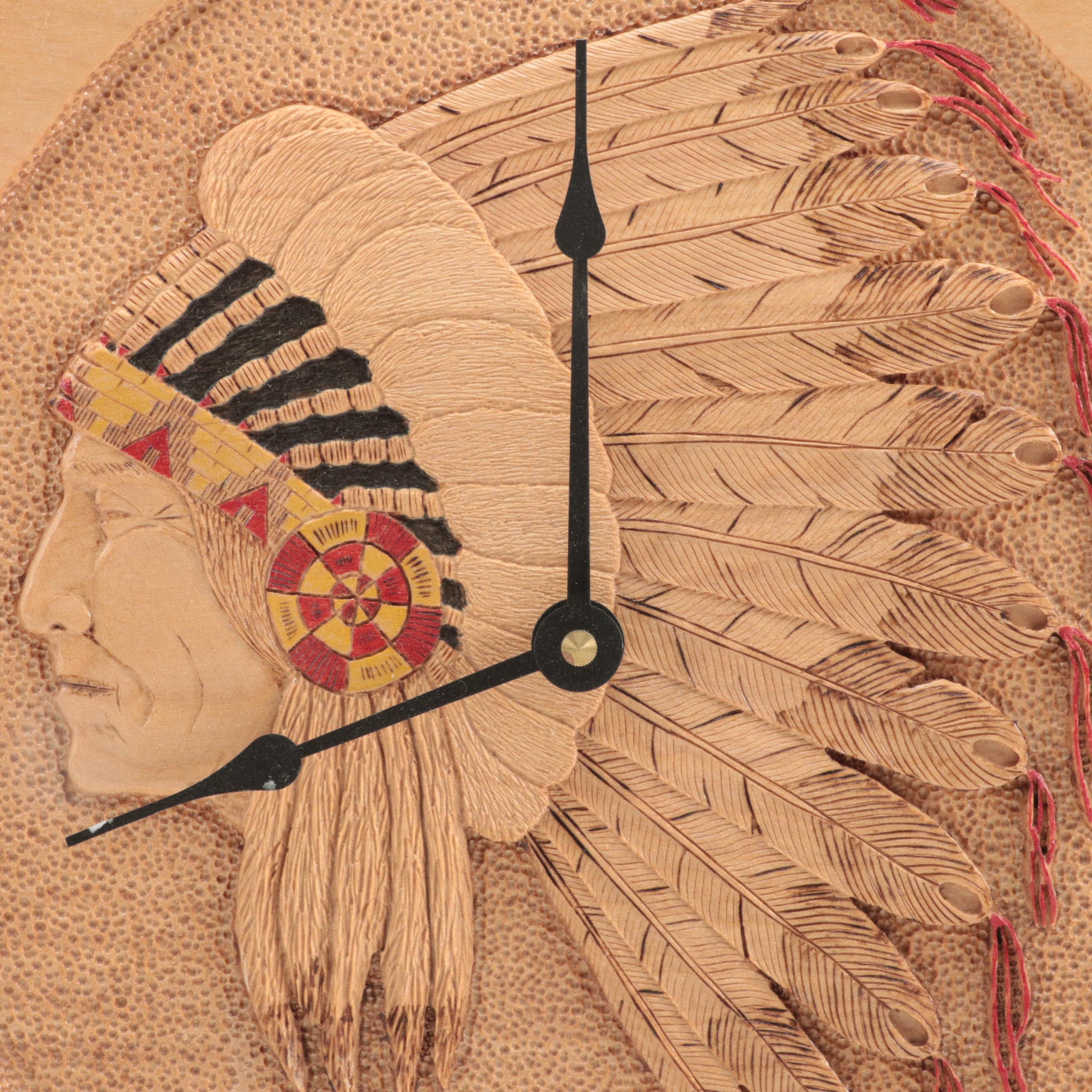 Pyrography Wooden Clock and Bowls with Other Carved Wood Décor | EBTH