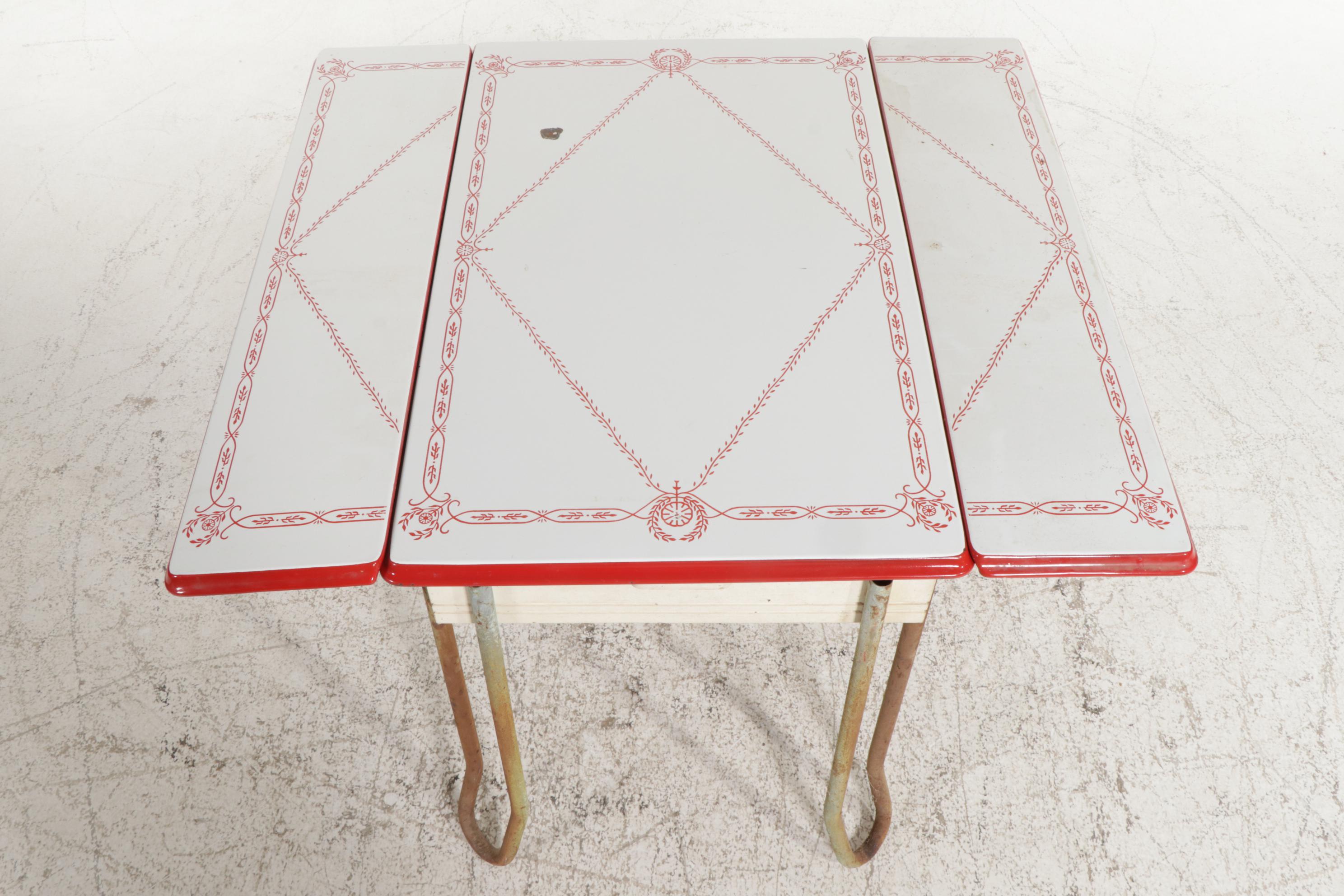 Red and White-Painted Enamel Top Dinette Table with Three Wooden Chairs ...