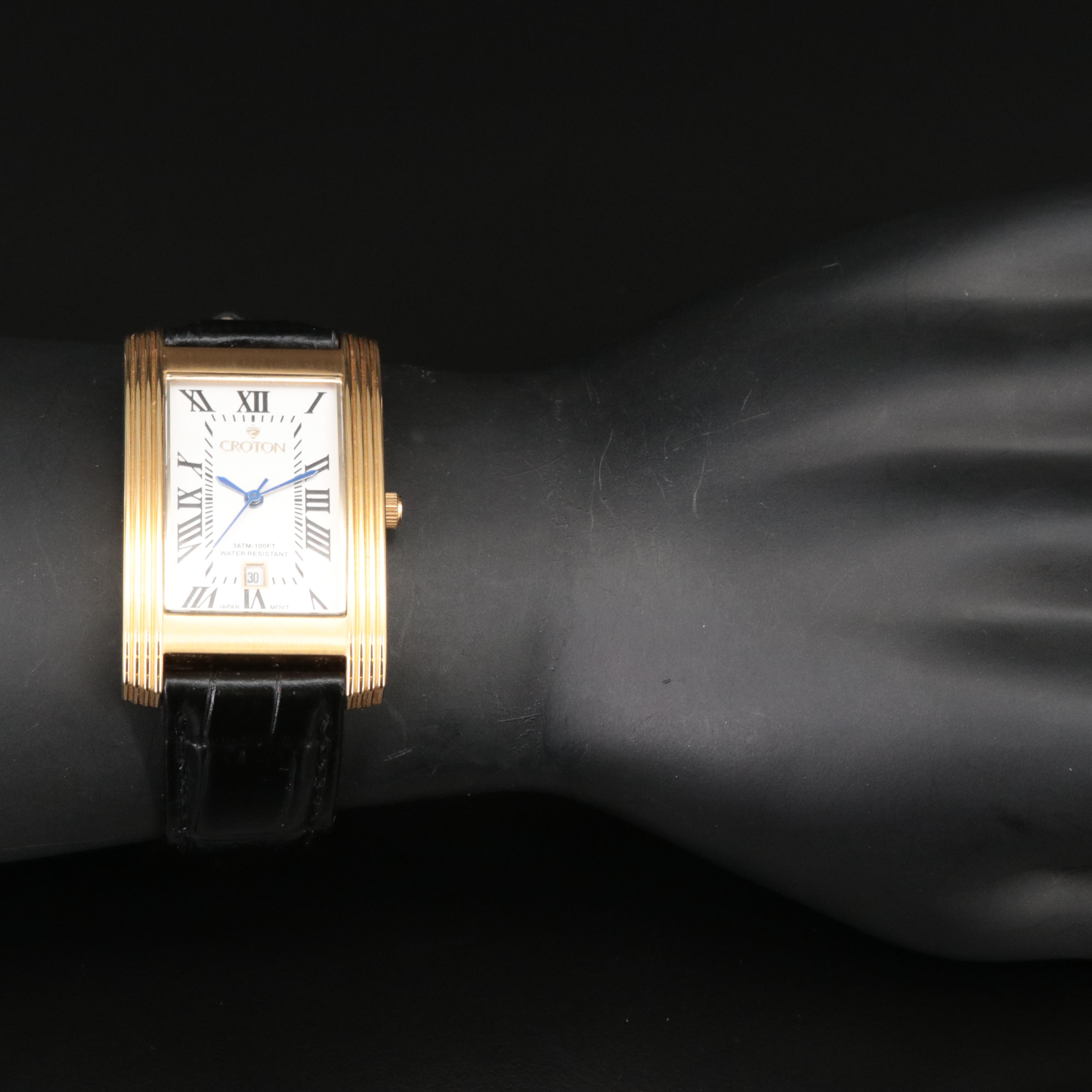 Croton Tank Style with Ribbed Sides and Date Stainless Steel Wristwatch ...