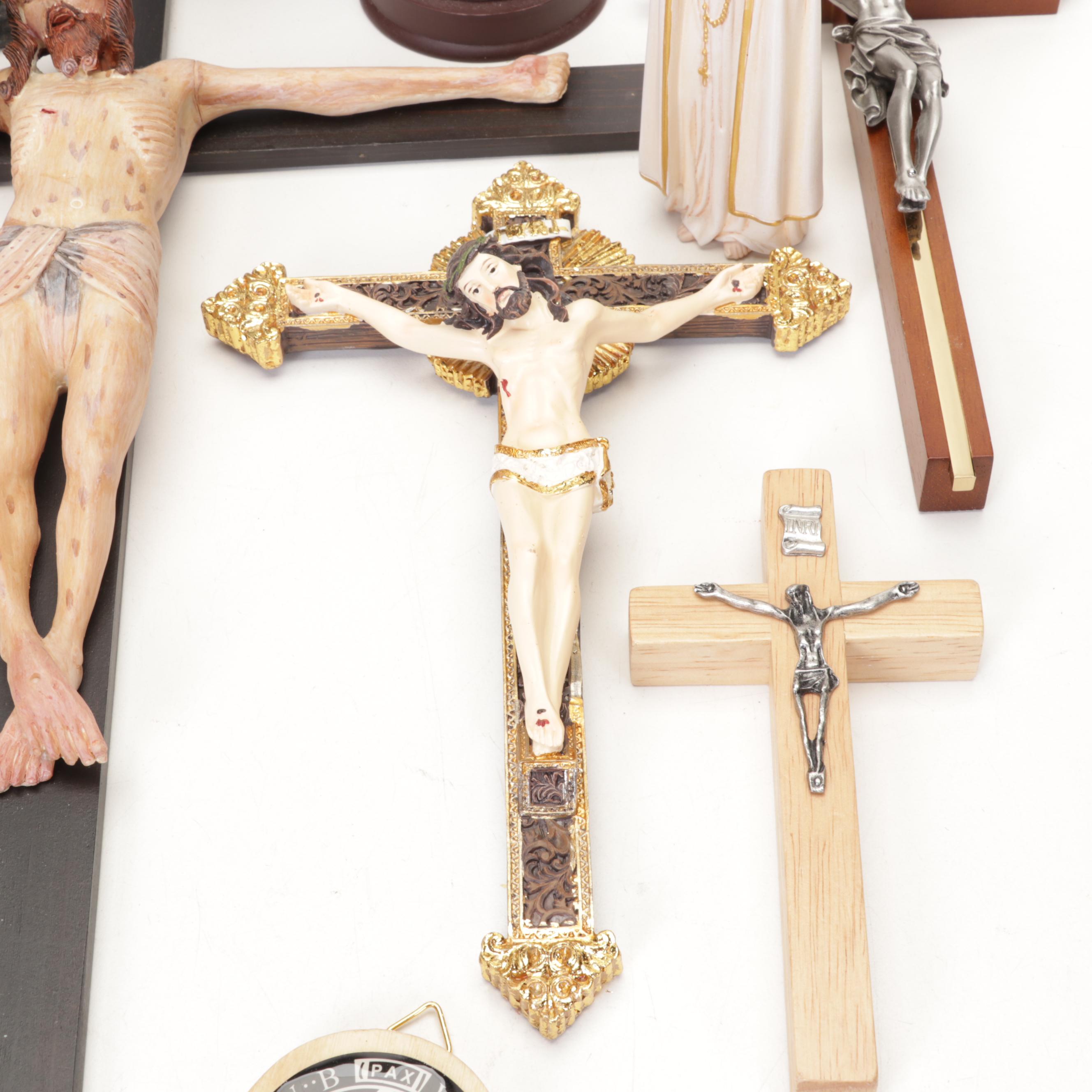 Polychrome Carved Wood Santos Figure with Other Statues and Crucifixes ...