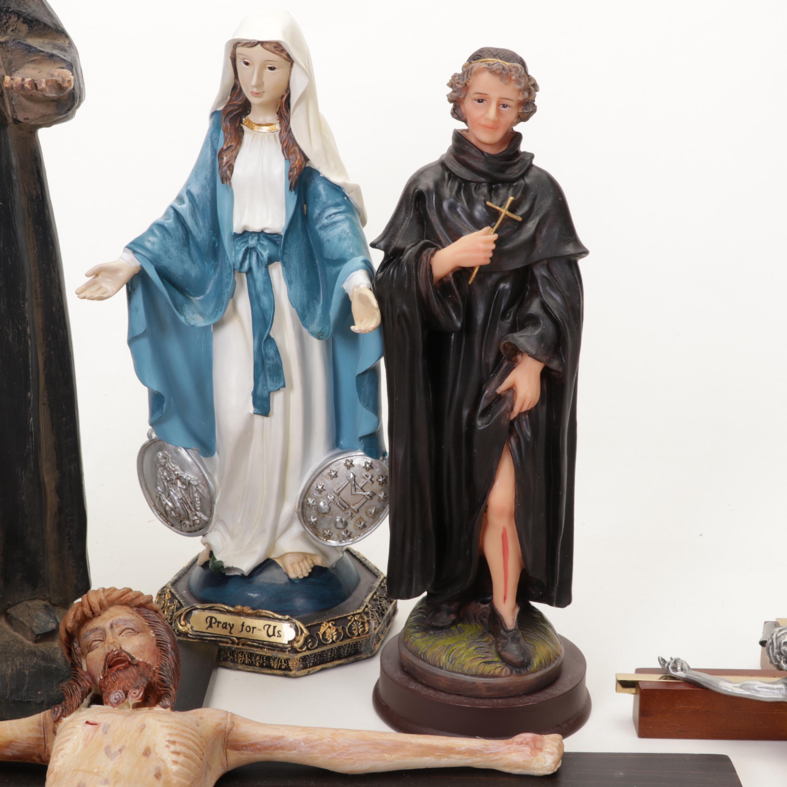 Polychrome Carved Wood Santos Figure with Other Statues and Crucifixes ...