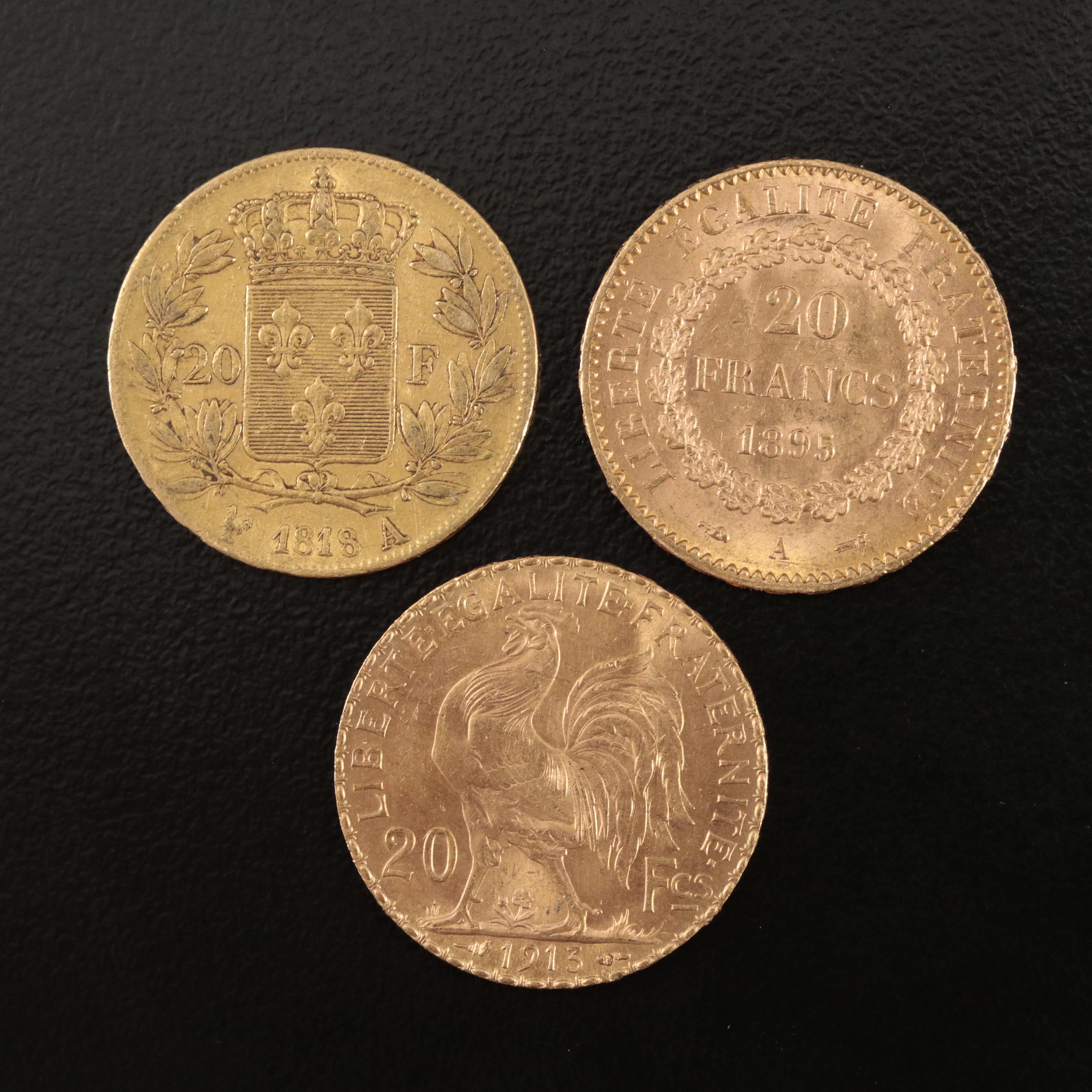 Three French 20 Francs Gold Coins, Including 1818-A | EBTH