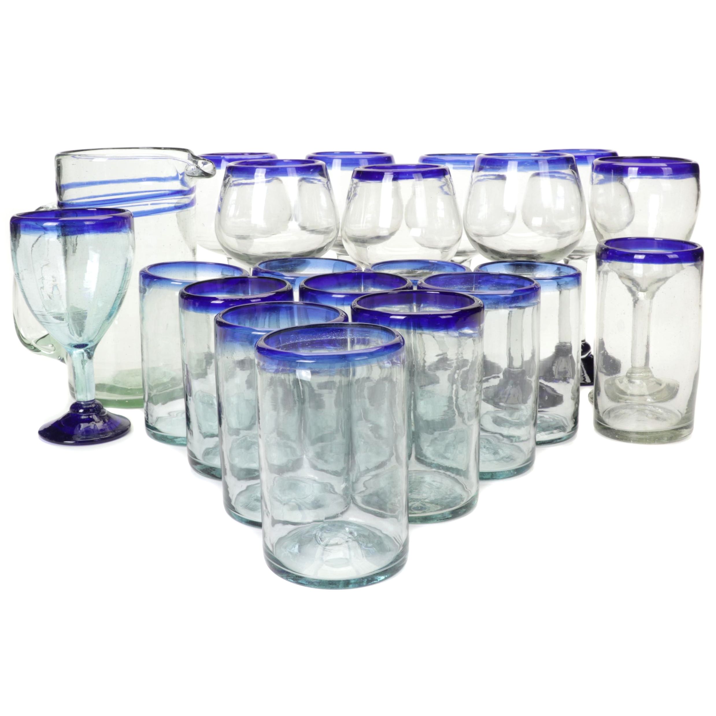 Blown Glass Cobalt Blue Rimmed Glassware and Pitcher | EBTH