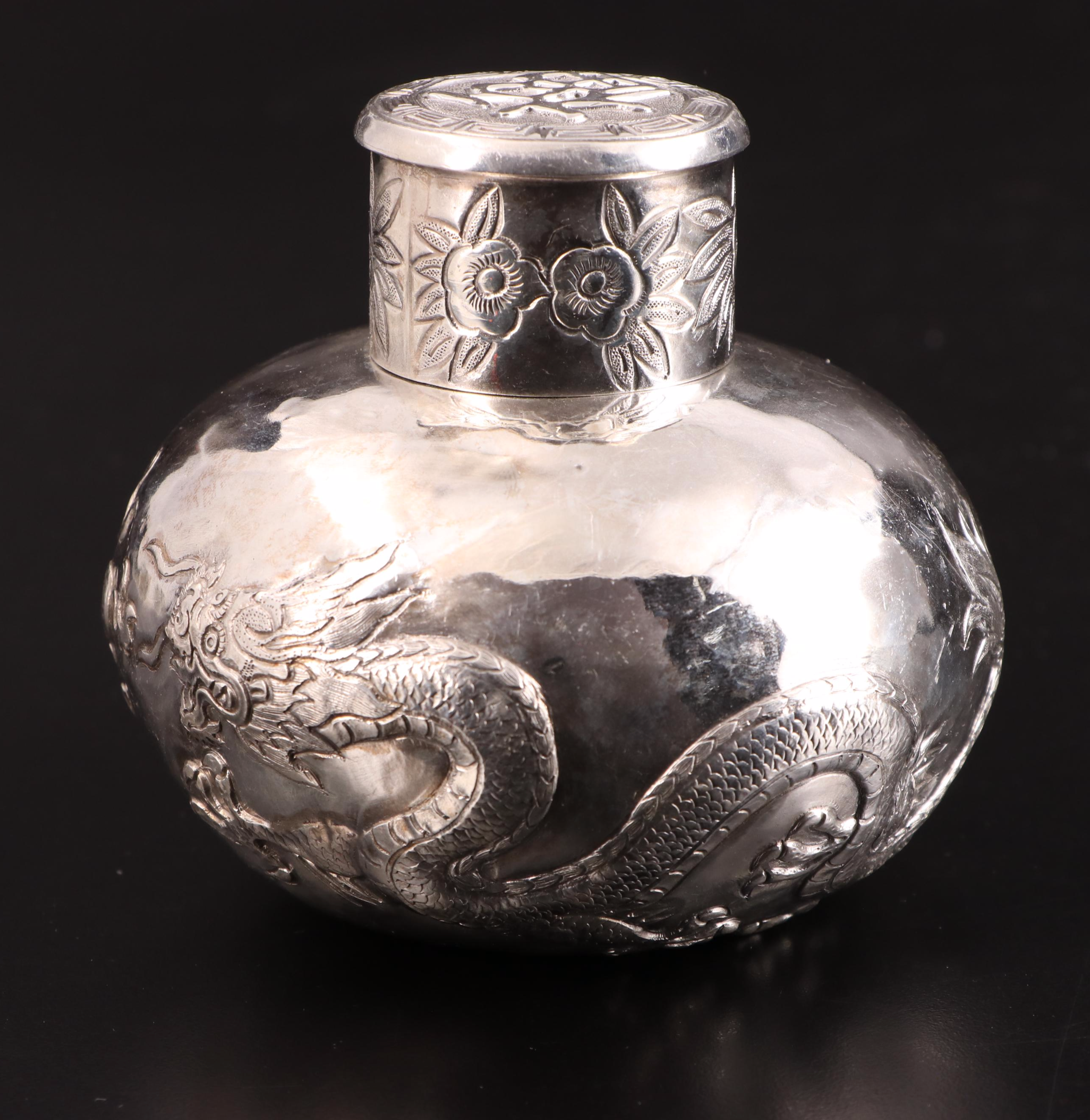 Wing Fat Chinese Export 950 Silver Repoussé Dragon Motif Tea Caddy ...