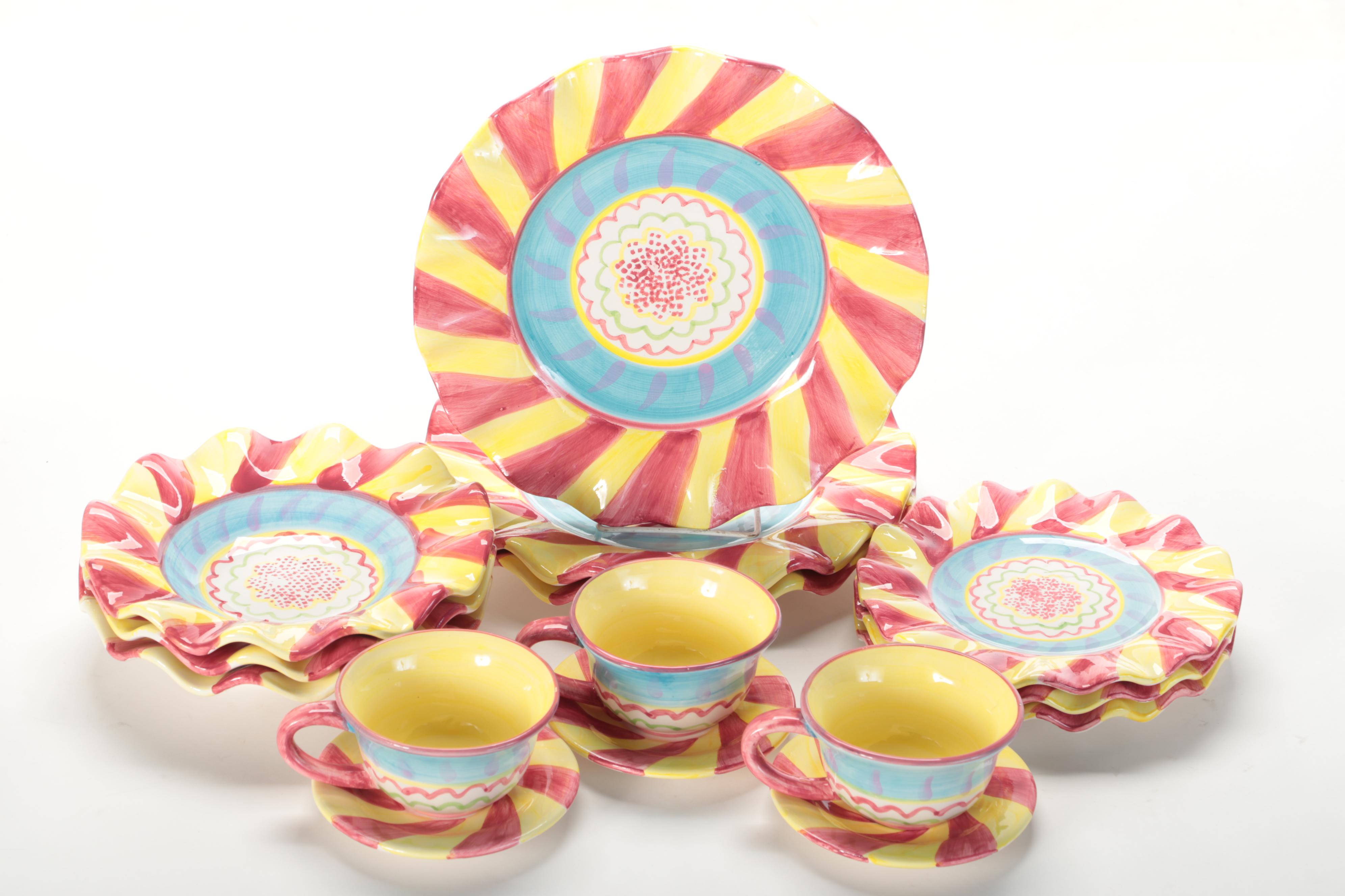 Ruffled-Edge Colorful Ceramic Dinnerware, Eighteen Place Settings | EBTH
