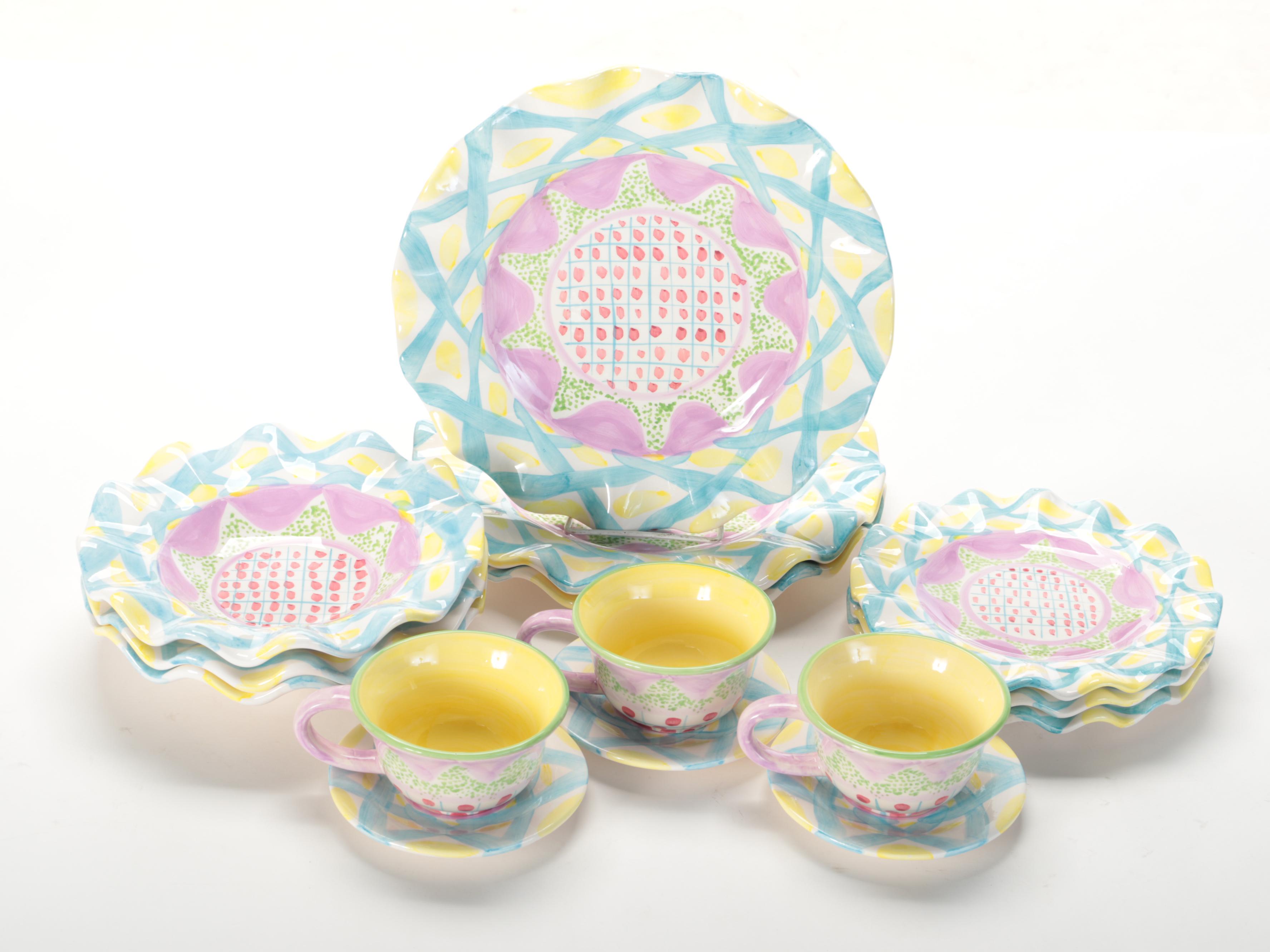 Ruffled-Edge Colorful Ceramic Dinnerware, Eighteen Place Settings | EBTH