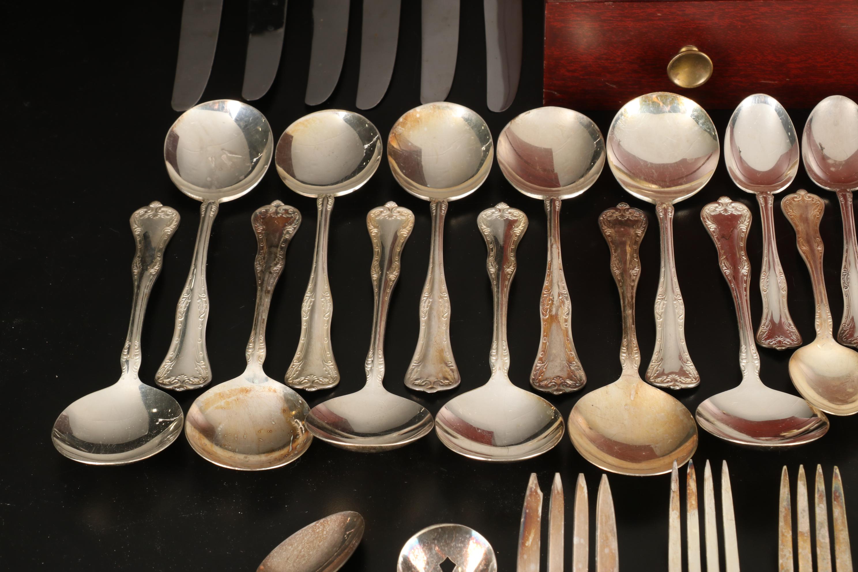 National Silver Co. Silver Plate "Queen Elizabeth" Flatware with Wooden ...