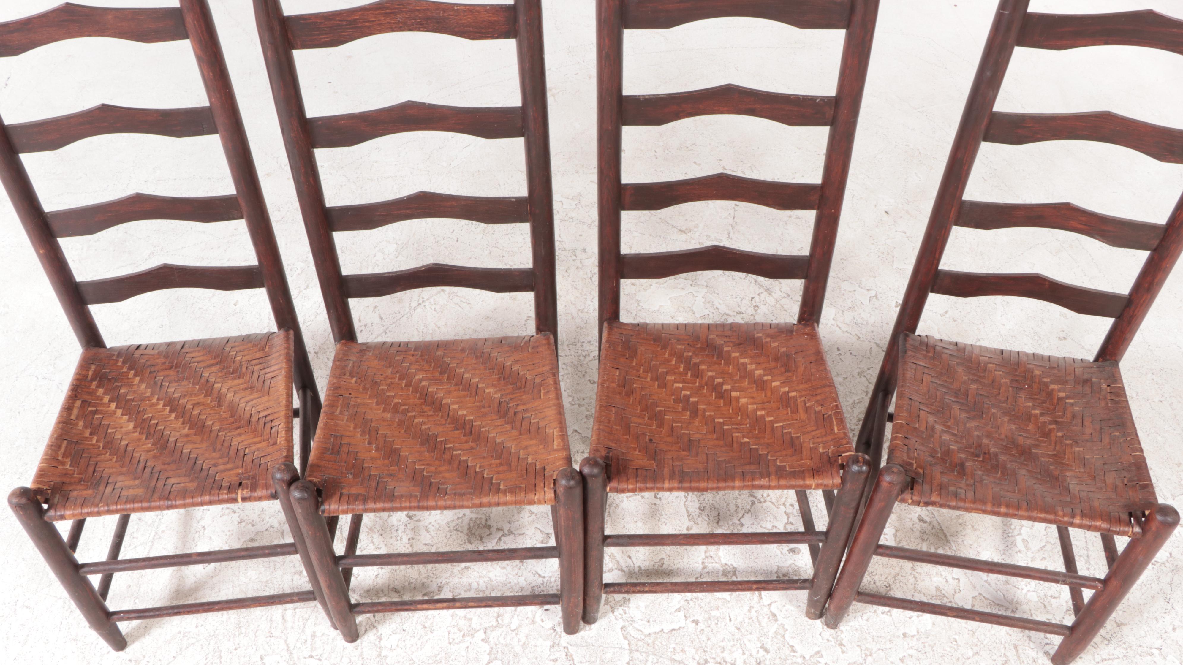 Four American Primitive Oak Ladderback Side Chairs, Late 19th/Early ...