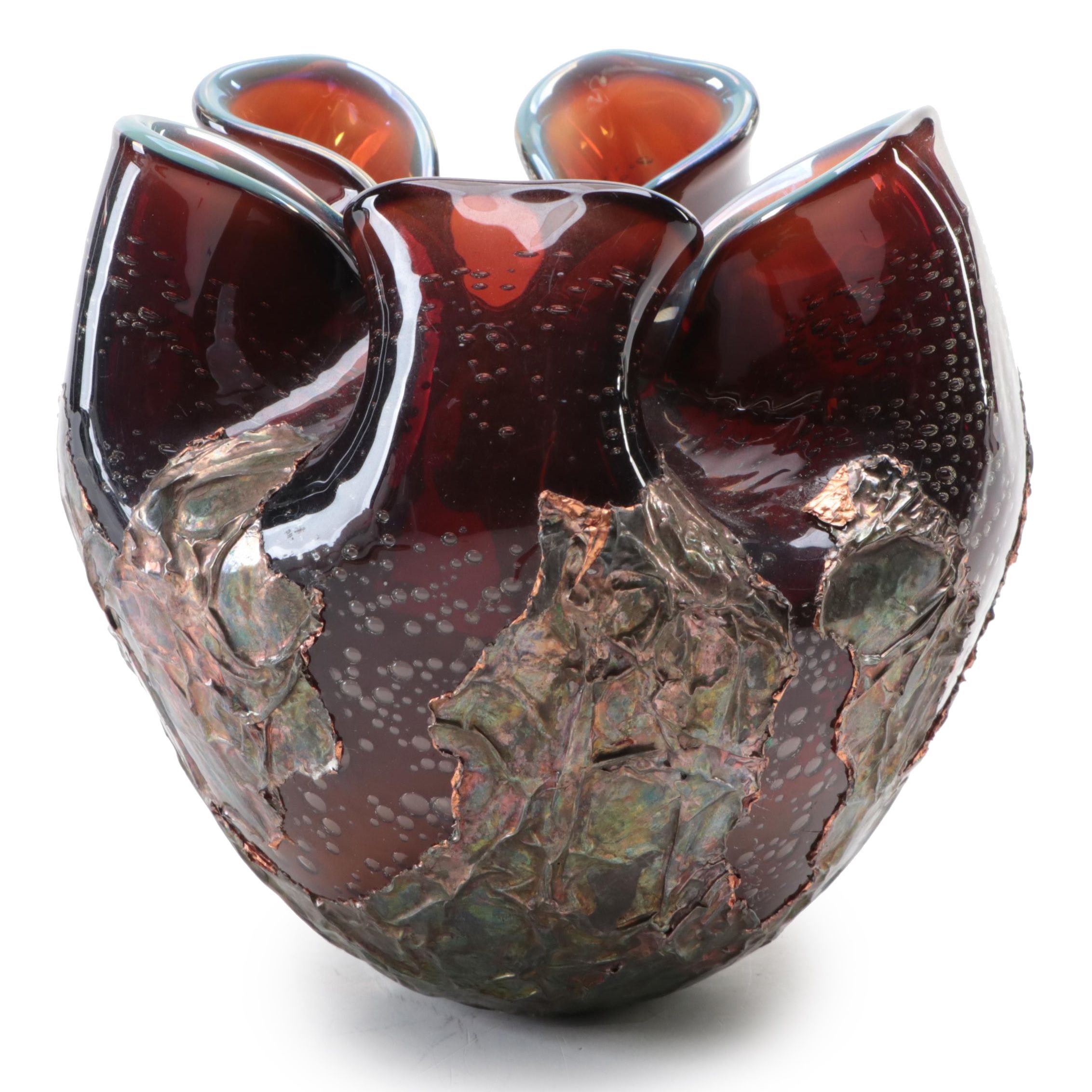 Signed Studio Art Glass Vase with Crimped Rim and Patinated Copper ...