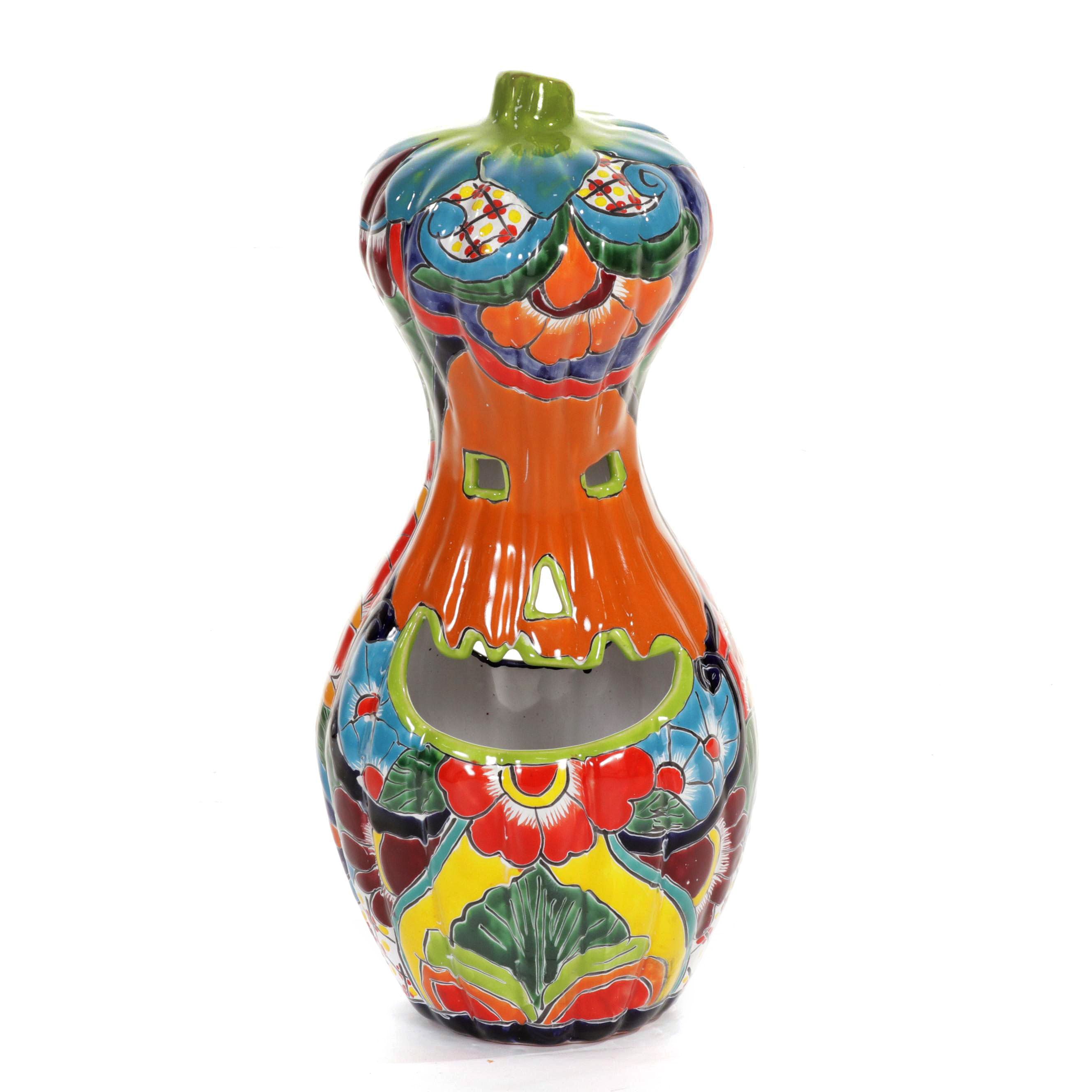 Blue Orange Pottery Mexican Talavera Terracotta Gourd Lantern | EBTH