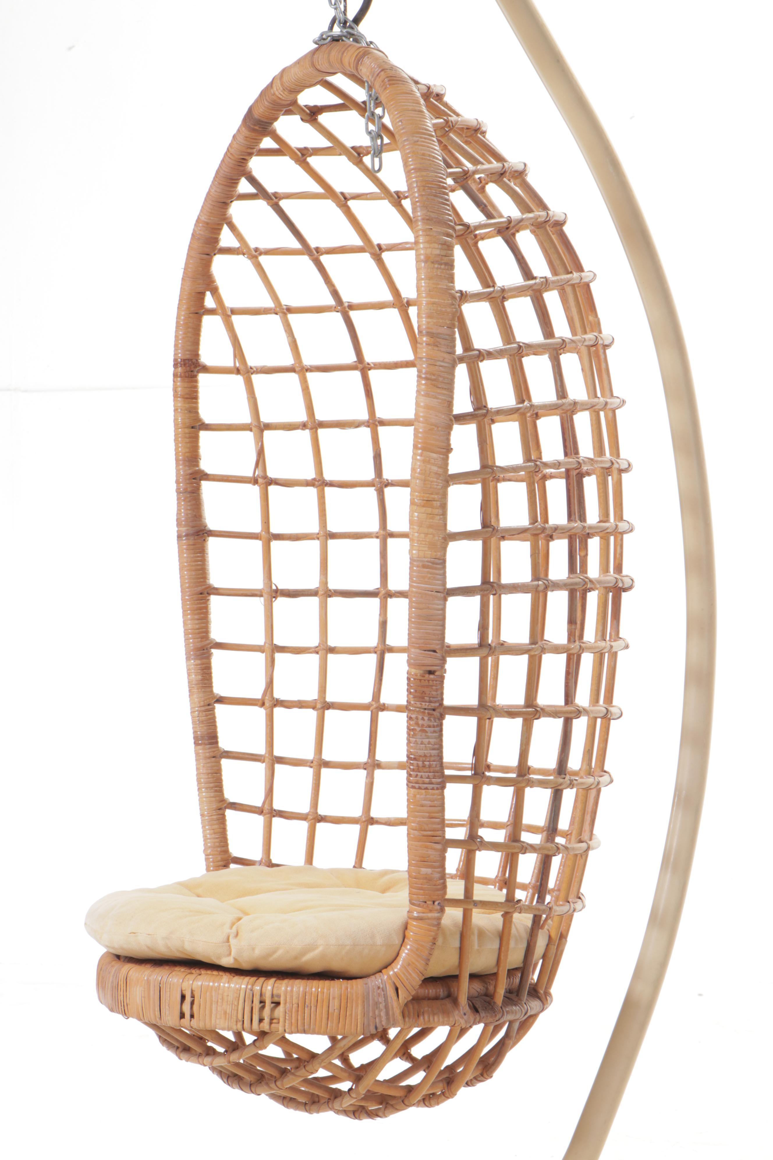 Hooded Rattan Hanging Chair on Tubular Metal Stand, 1970s | EBTH
