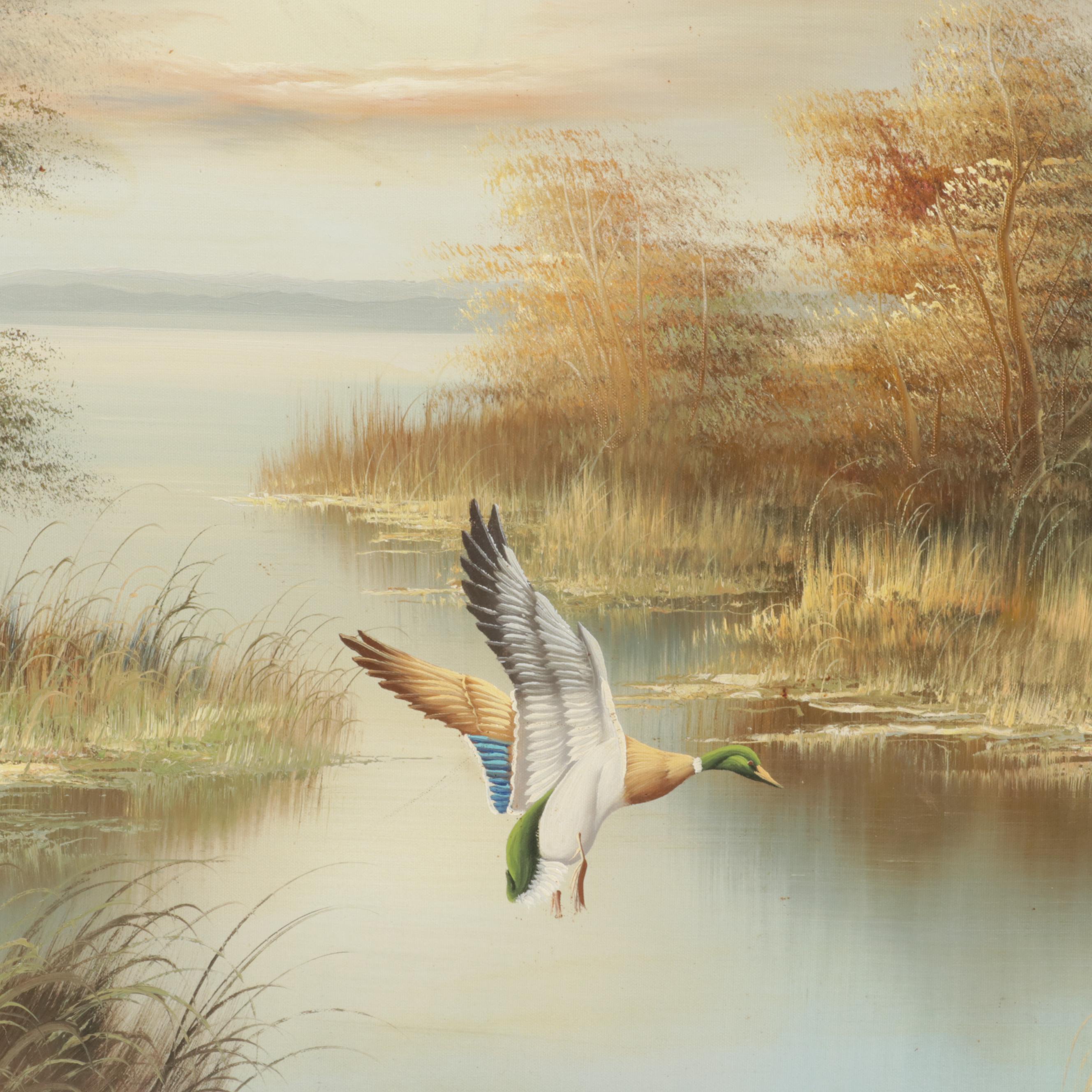 R. Duncan Oil Painting of Ducks Taking Flight From Marsh, Late 20th ...
