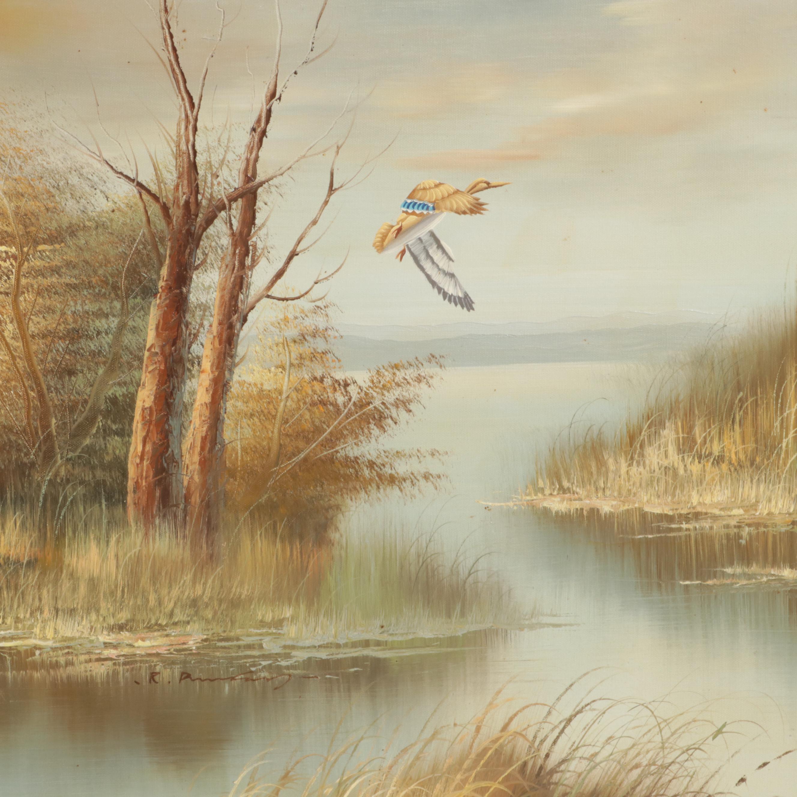 R. Duncan Oil Painting of Ducks Taking Flight From Marsh, Late 20th ...