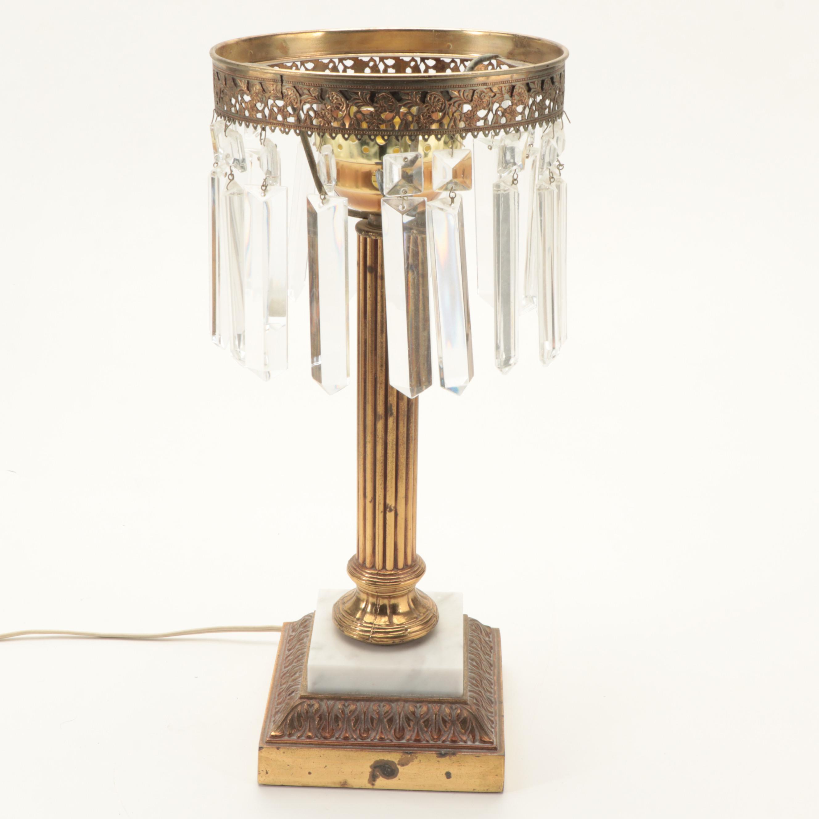 Victorian Style Electric Lamp with Painted Milk-Glass Shade, Mid-20th ...