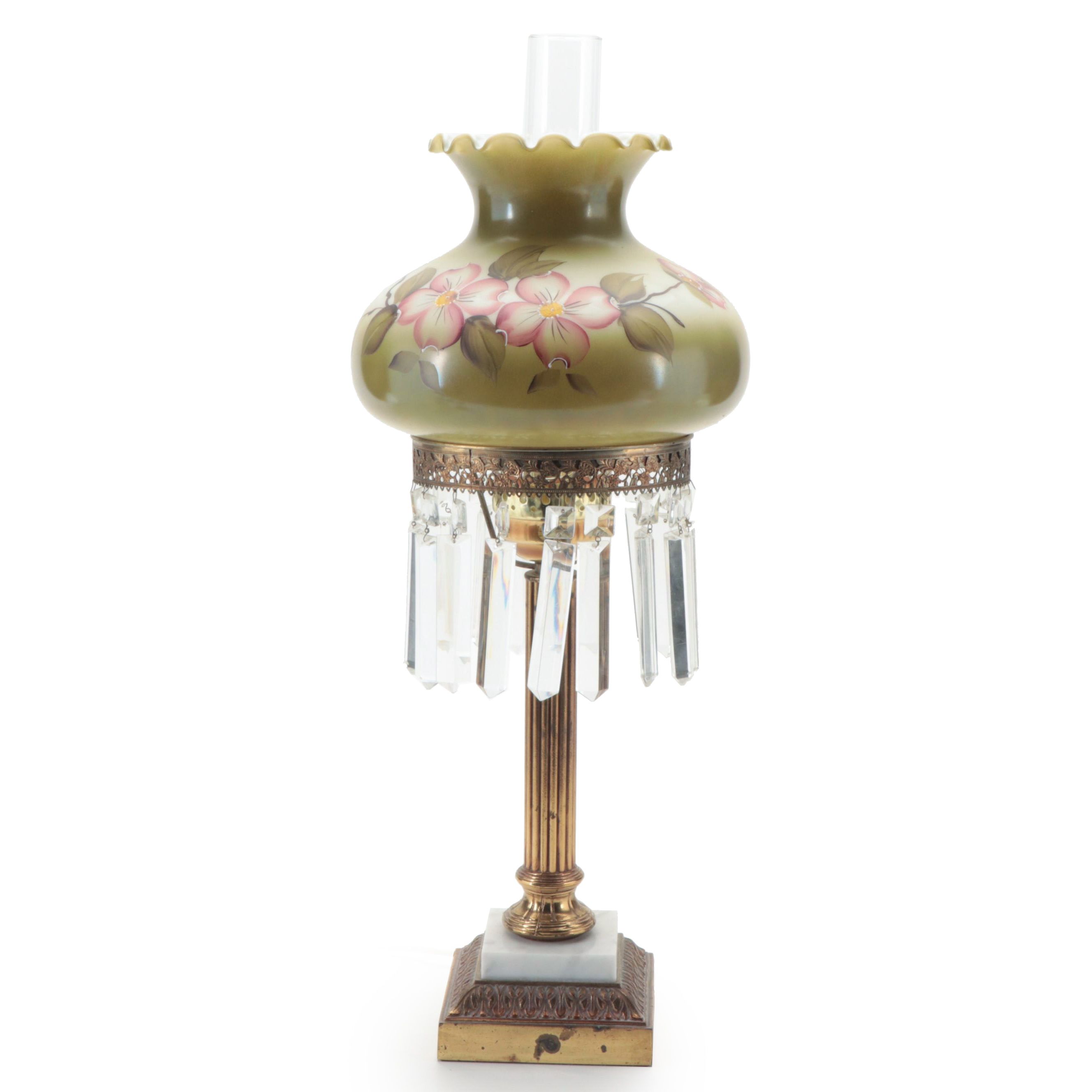 Victorian Style Electric Lamp with Painted Milk-Glass Shade, Mid-20th ...