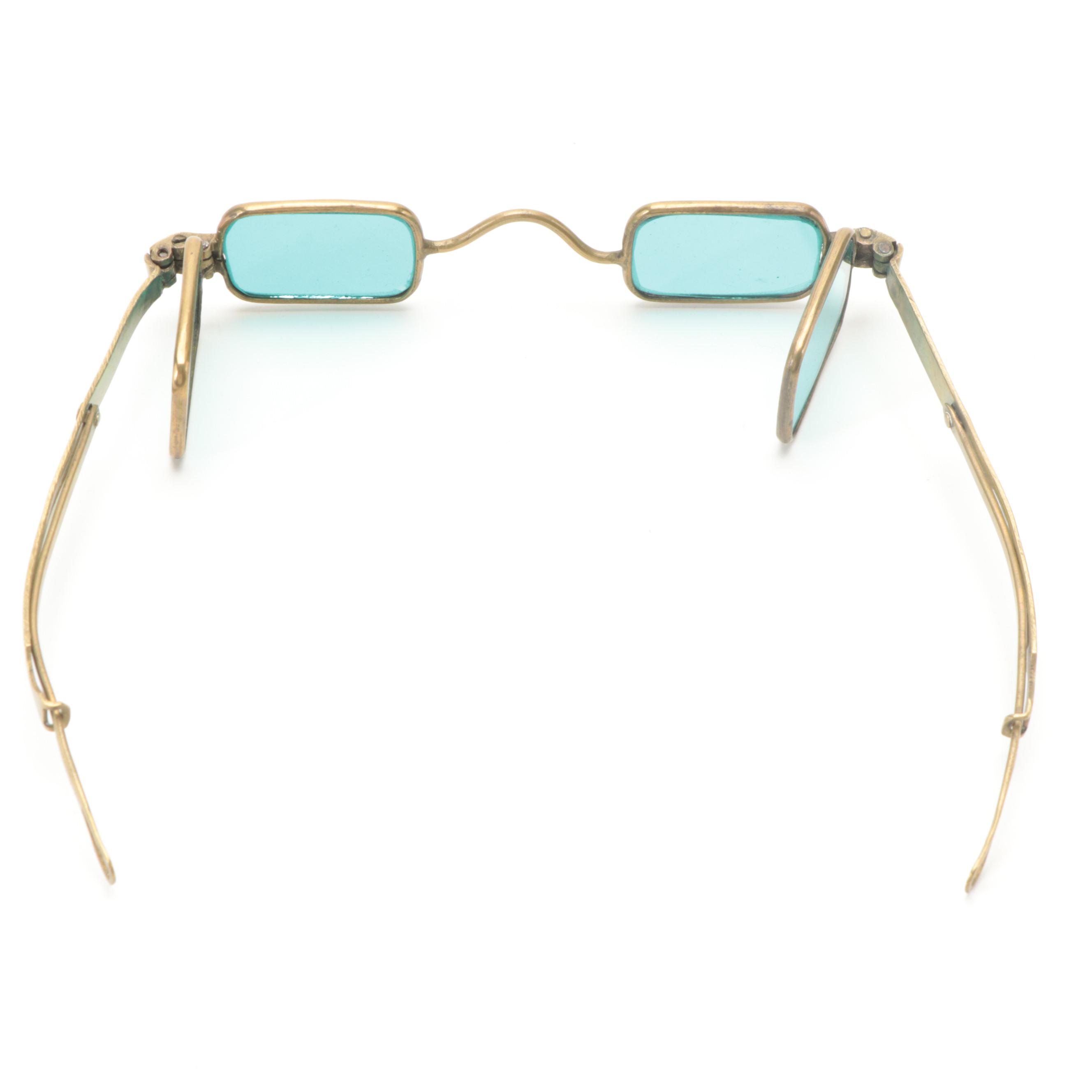 Victorian Blue Tinted Lens Brass Railroad Spectacles with Pince-Nez ...