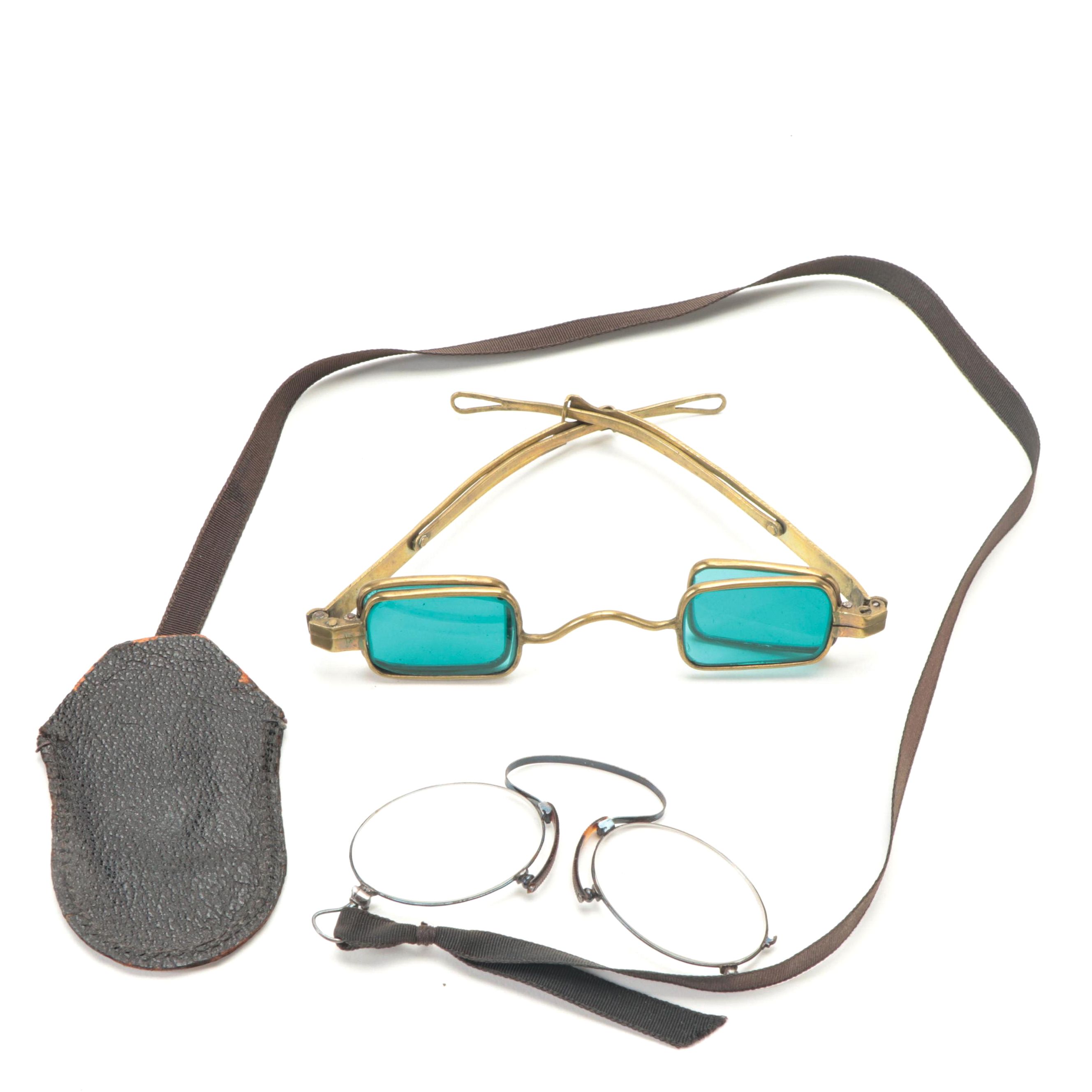 Victorian Blue Tinted Lens Brass Railroad Spectacles with Pince-Nez ...