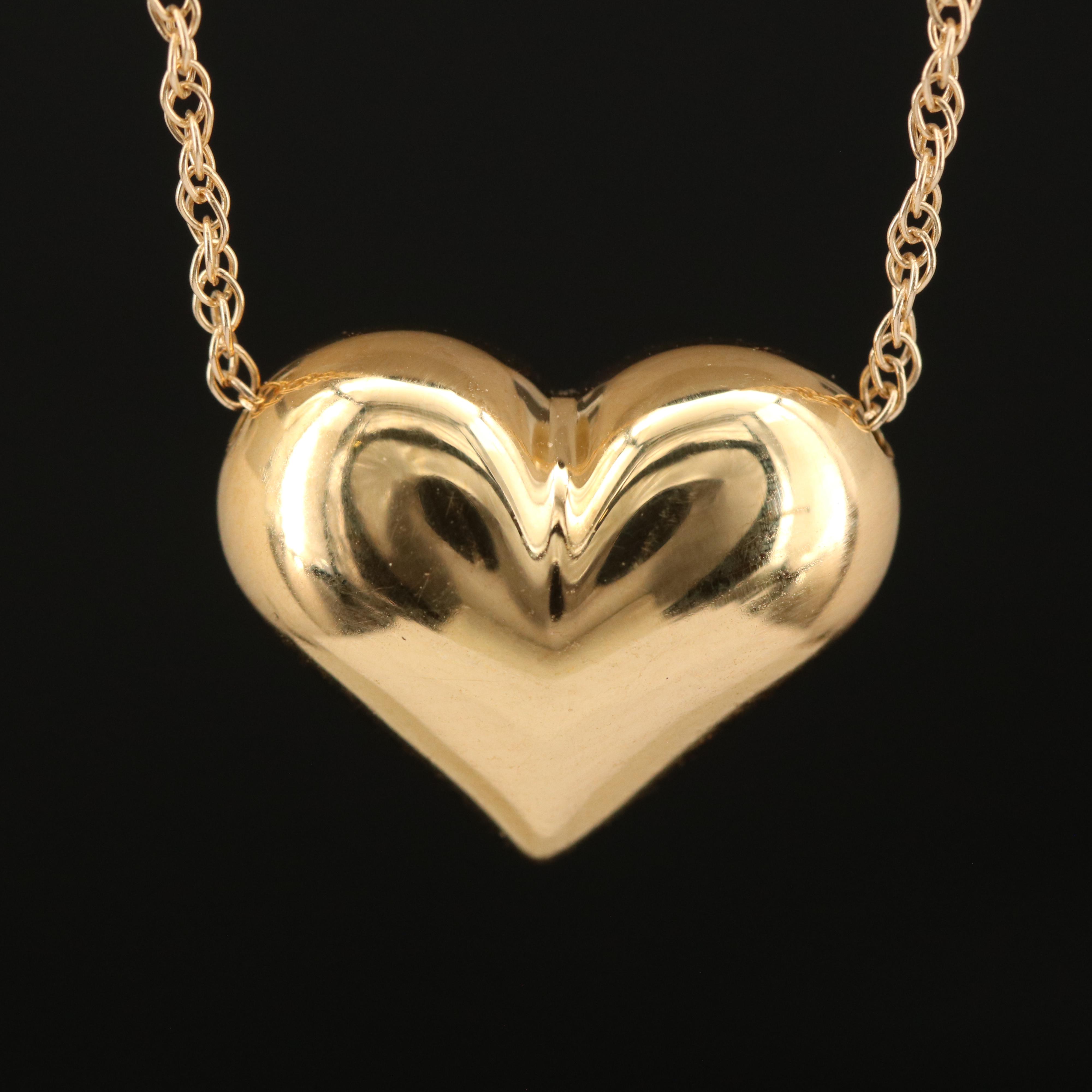 18K Puff Heart Pendant Necklace on Carla 14K Chain Necklace | EBTH