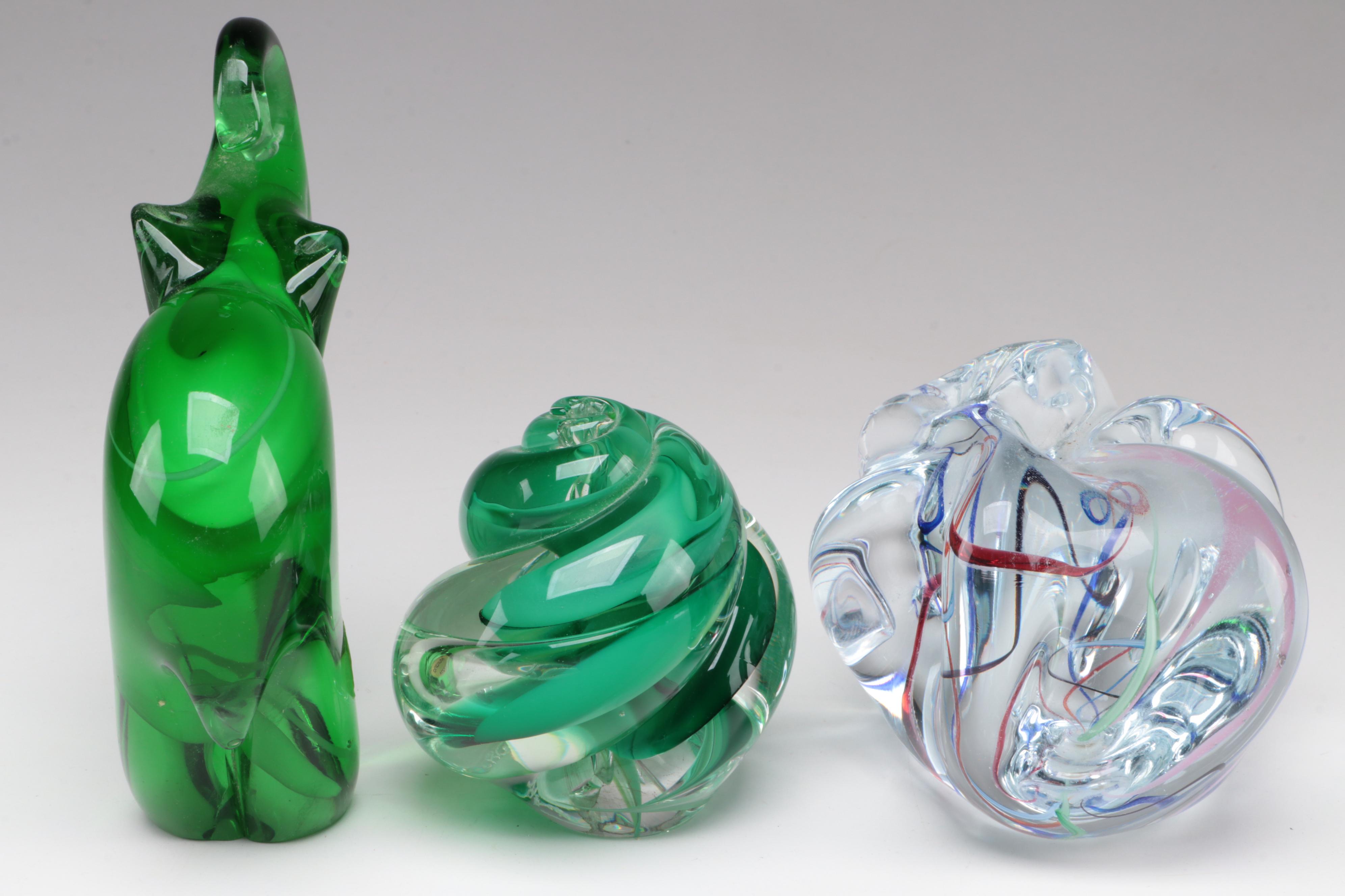 Signed Jim Karg Paperweight with Murano and Gibson Glass Figurines | EBTH