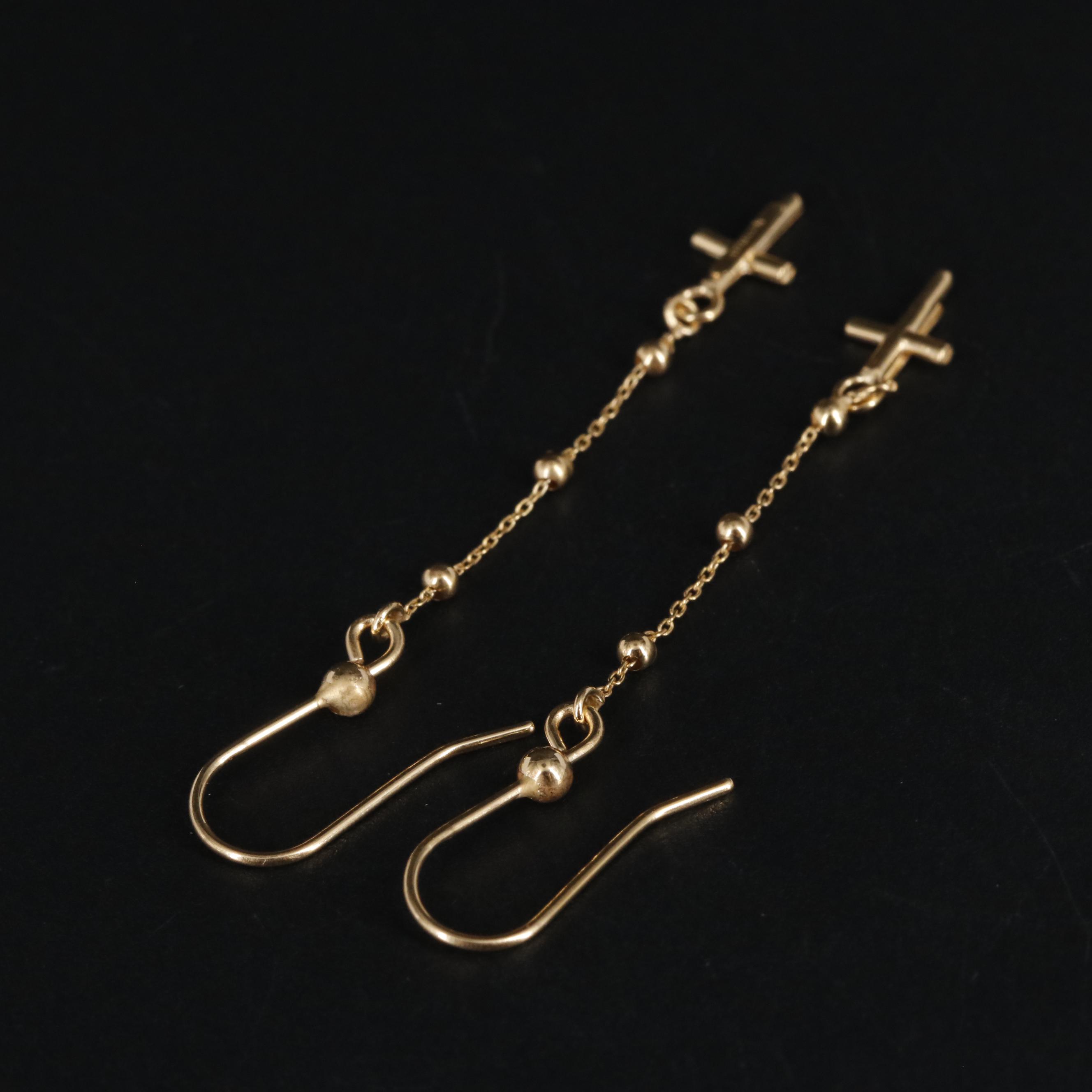 14K Rosary Chain Cross Dangle Earrings | EBTH