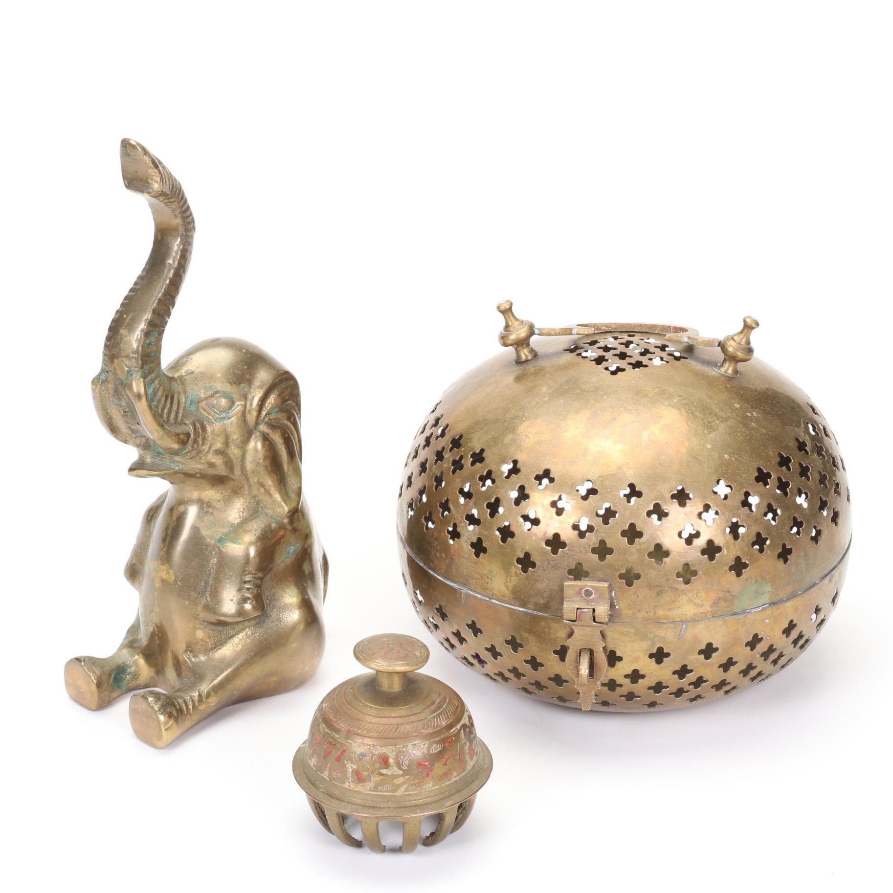 Round Brass Box, Elephant Claw Bell, and Sitting Elephant Figurine | EBTH