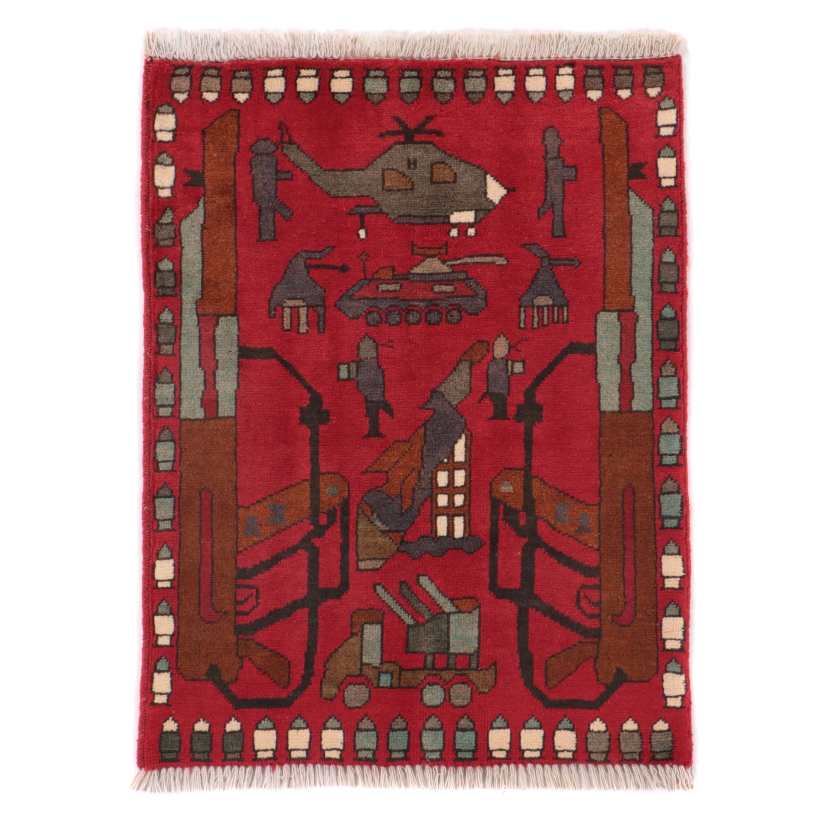 2' x 2'9 Hand-Knotted Afghan War Rug Pictorial Floor Mat | EBTH