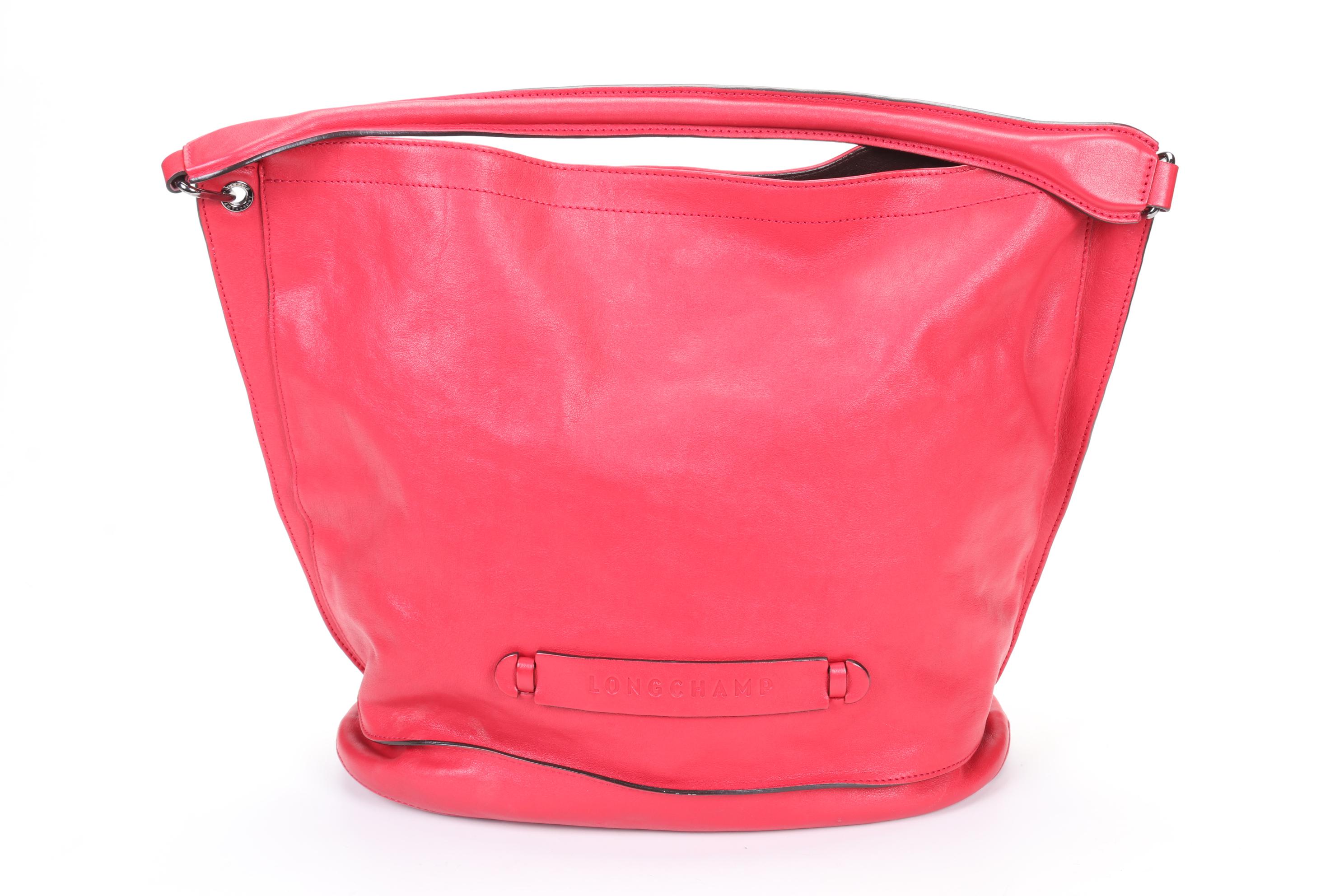 Longchamp Red Leather Tote with Black Grained Leather Shoulder Bag and ...
