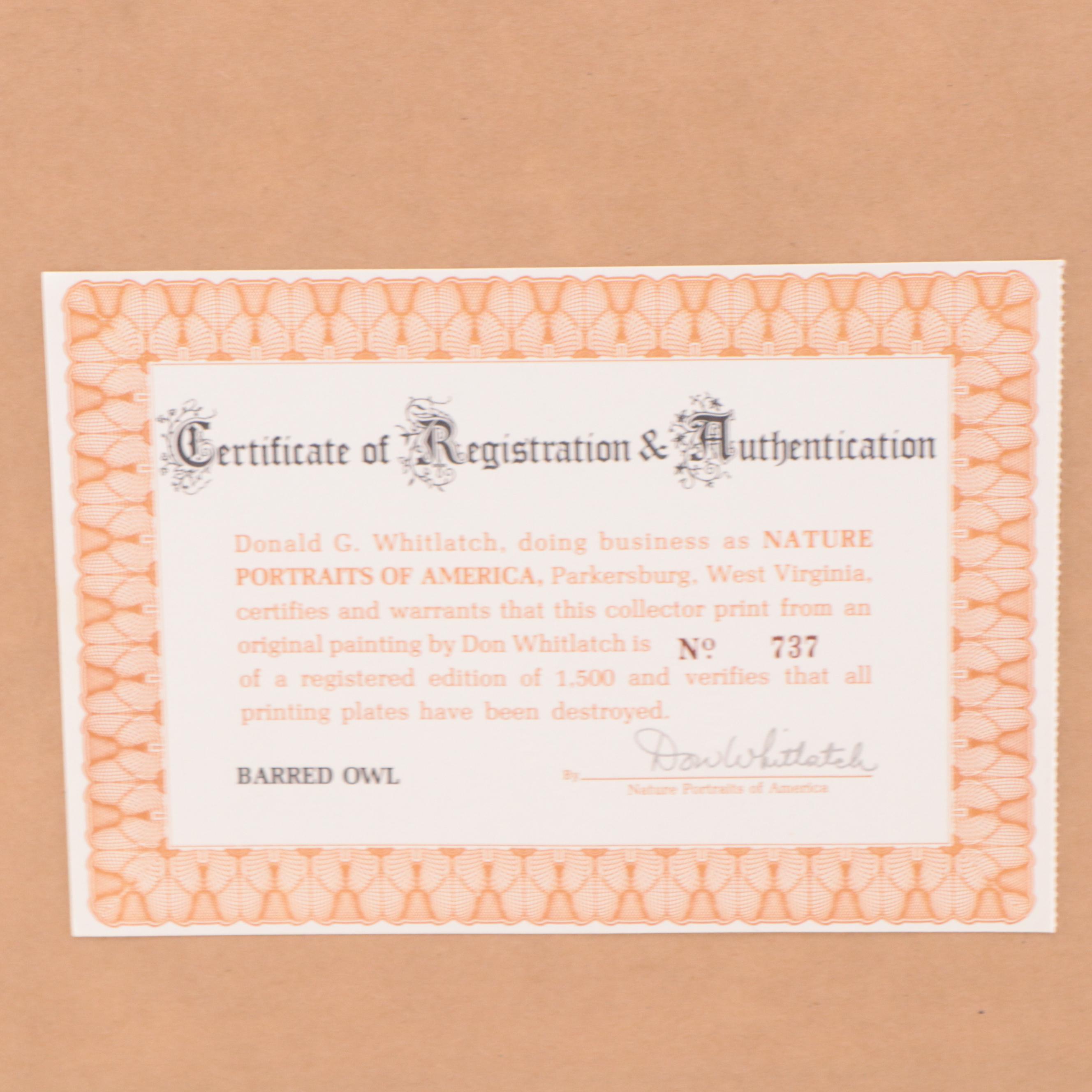 Don Whitlatch Offset Lithograph "Barred Owl," 1979 | EBTH