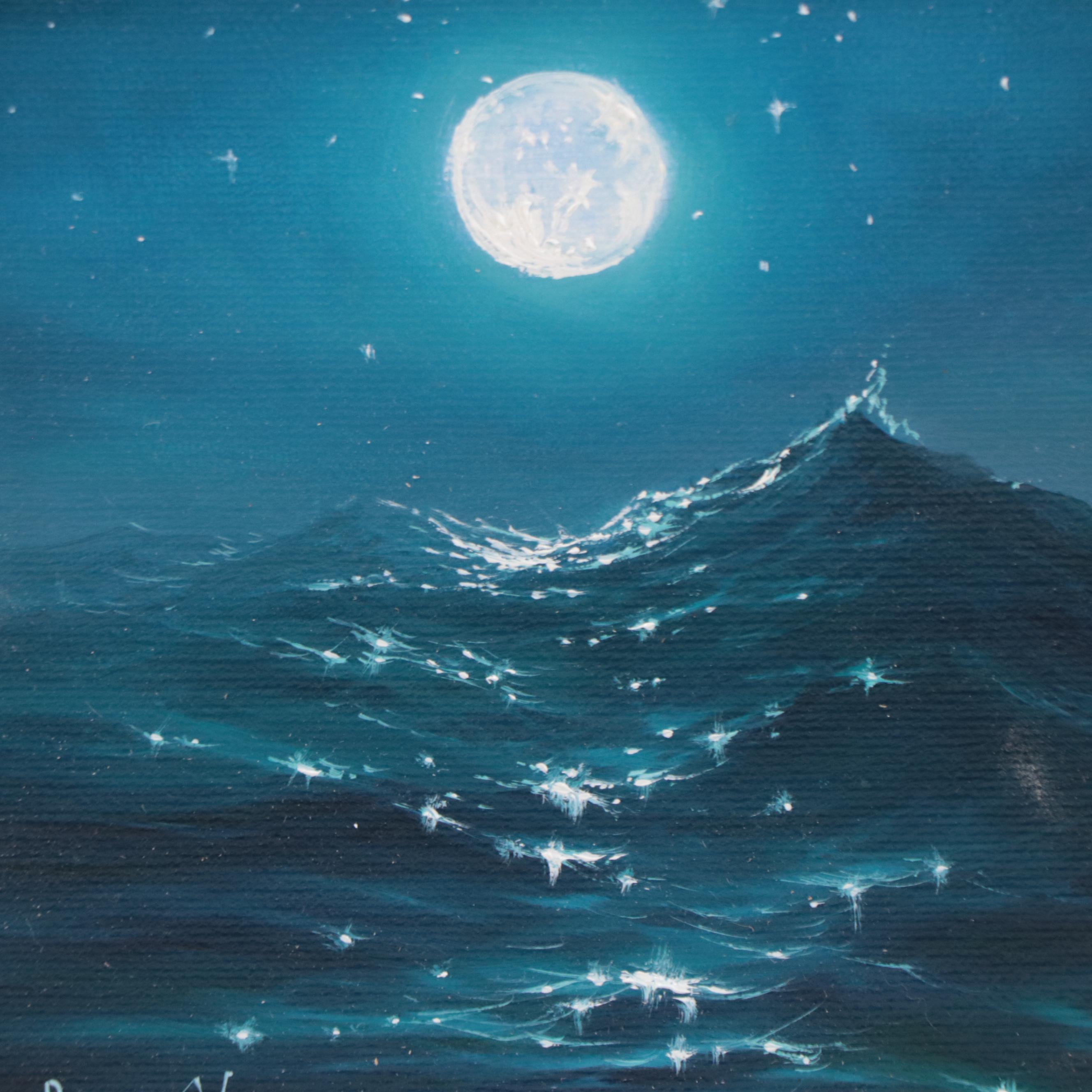 Jevgenijus Litvinas Oil Painting of Ocean and Full Moon | EBTH