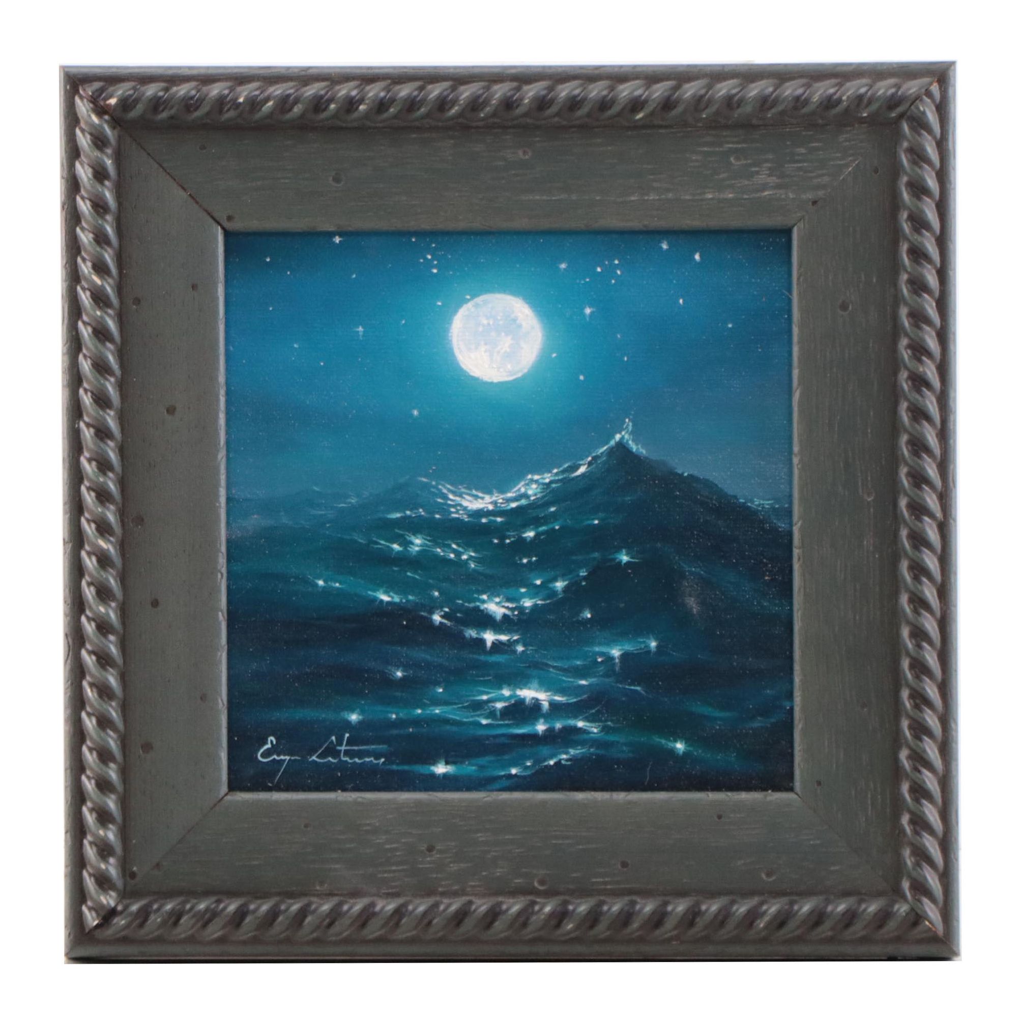 Jevgenijus Litvinas Oil Painting of Ocean and Full Moon | EBTH