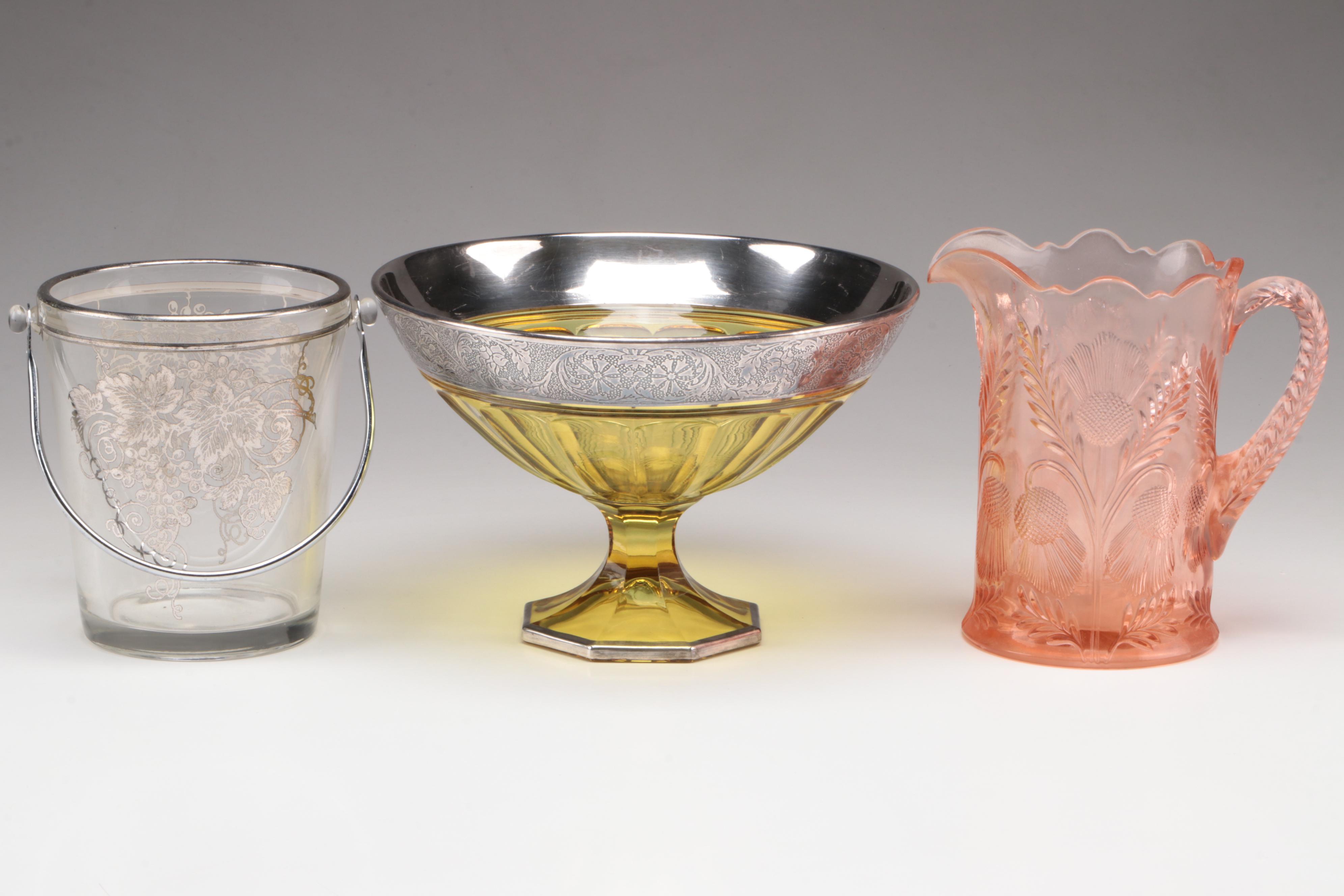 Mosser "Thistle" Pitcher with Other Art Deco Silver Accented Tableware ...