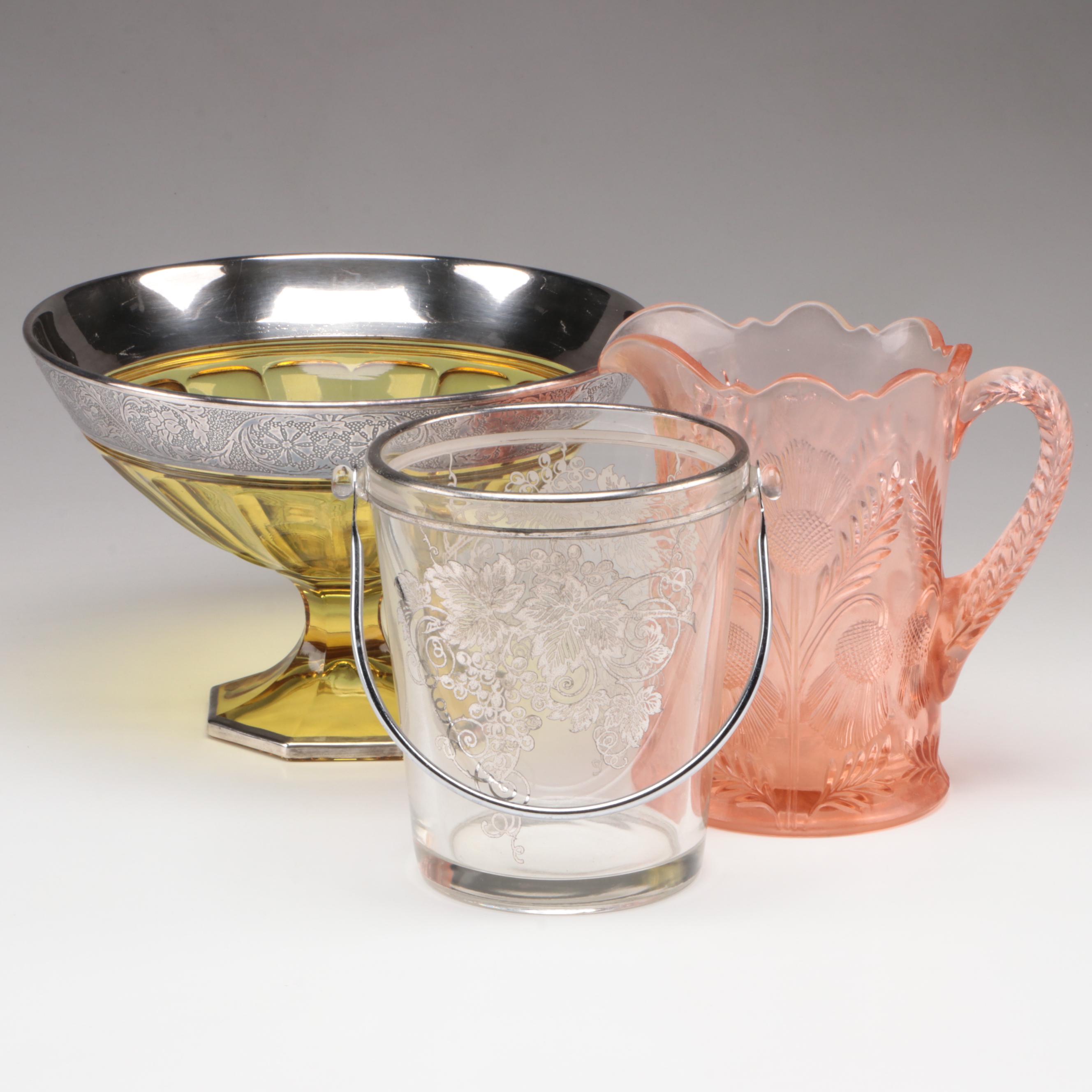 Mosser "Thistle" Pitcher with Other Art Deco Silver Accented Tableware ...