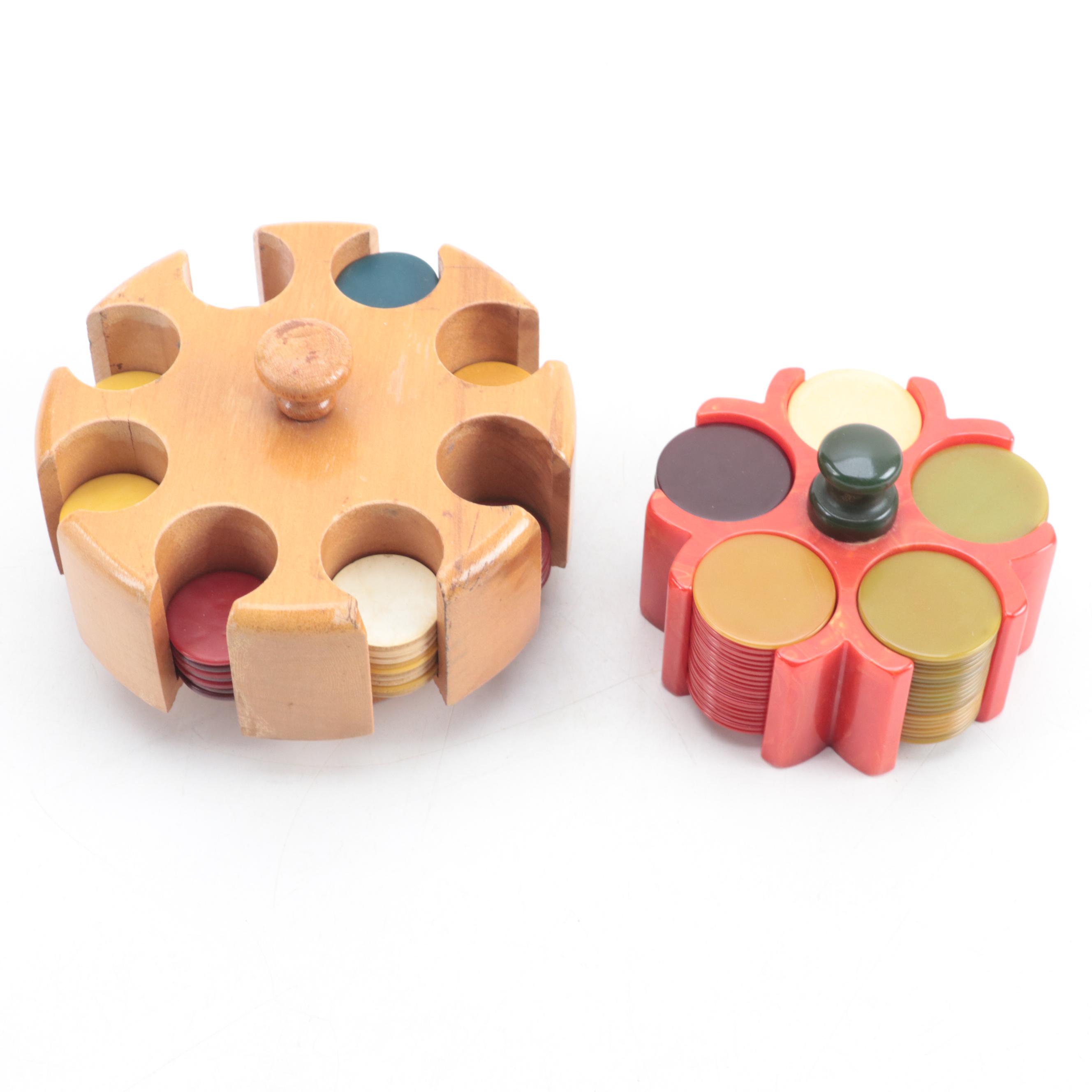 Bakelite and Other Caddy and Poker Chips with Leather Dice Cups | EBTH