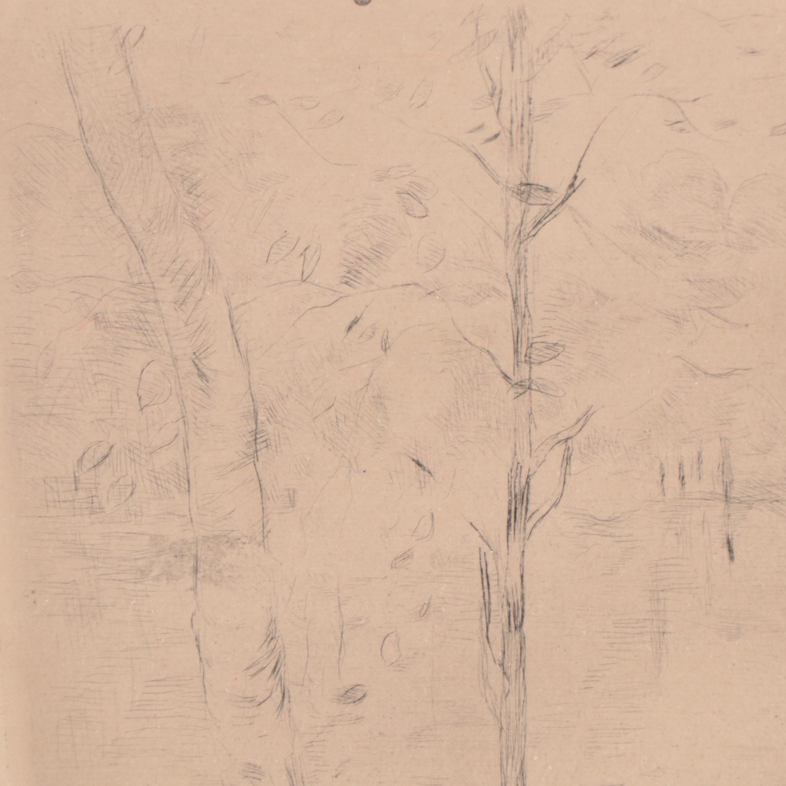 Drypoint Etching of Wooded Lake Landscape | EBTH