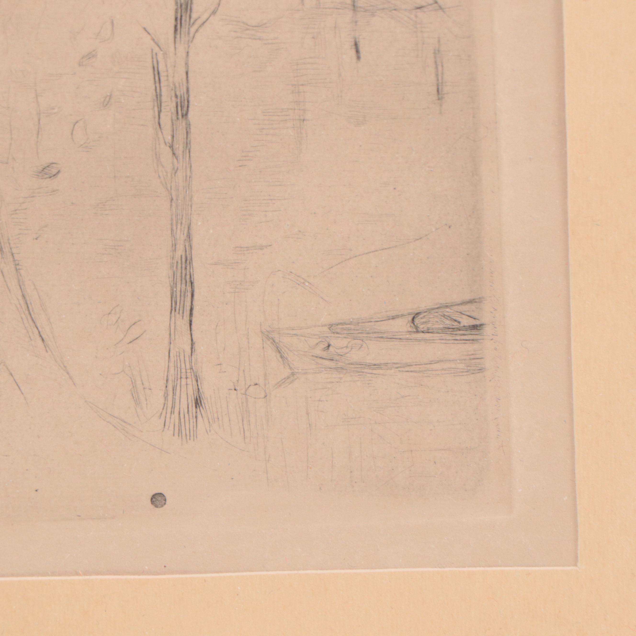 Drypoint Etching of Wooded Lake Landscape | EBTH