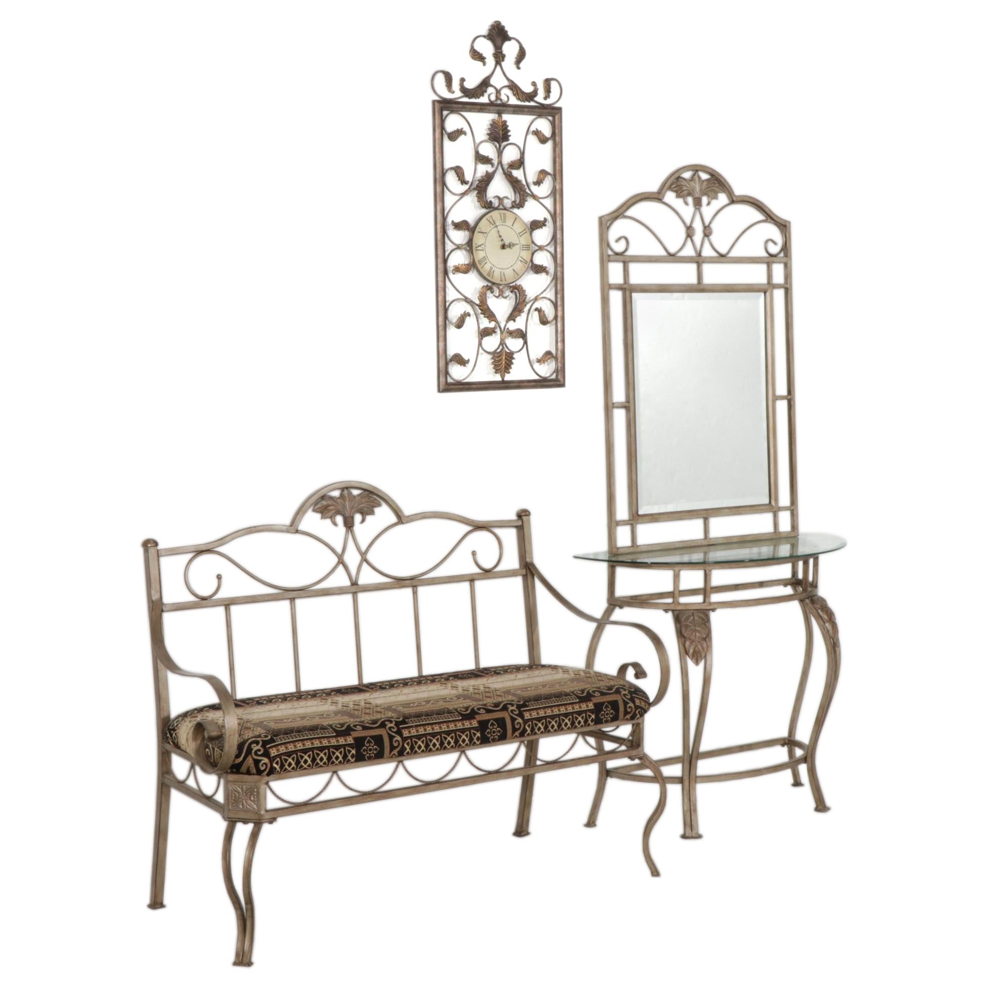Contemporary Metal Bench Seat, Demilune Table and Mirror with Clock | EBTH