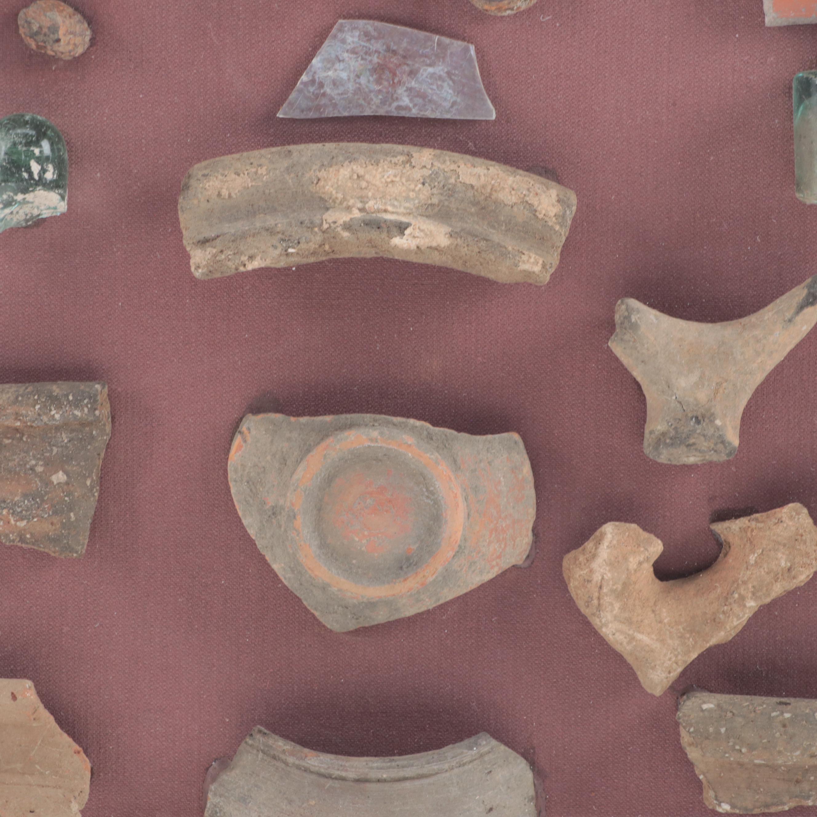Framed Shadowbox with Fragments of Ancient Pottery, Bone, Coins, Other ...